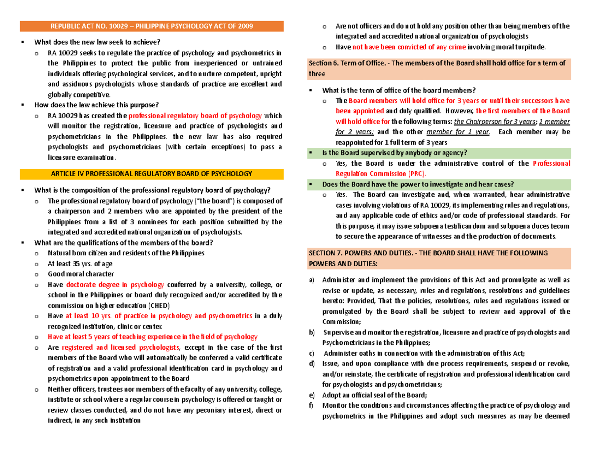 RA 10029 AND RA 11036 - STUDY WELL - REPUBLIC ACT NO. 10029 ...