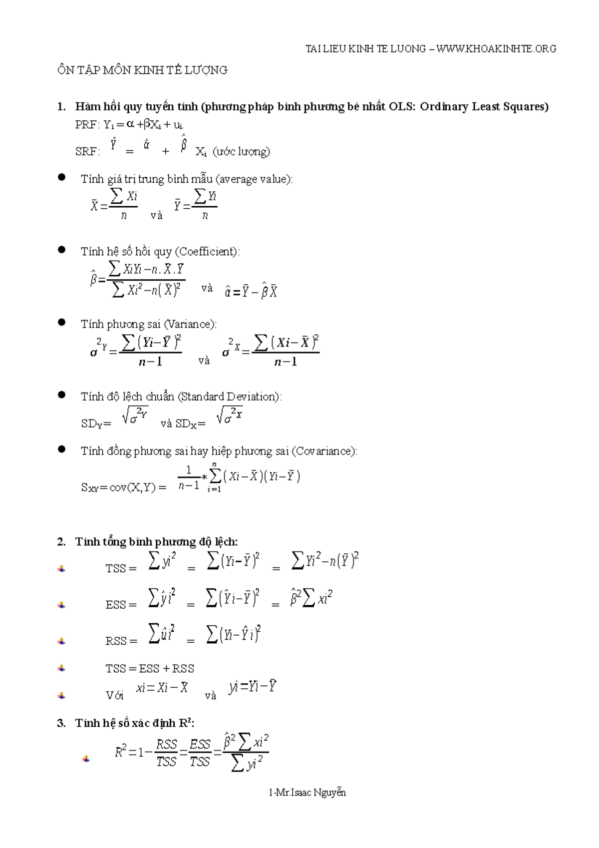ON TAP KINH TE Luong - revision - ÔN TẬP MÔN KINH TẾ LƯỢNG Hàm hồi quy ...