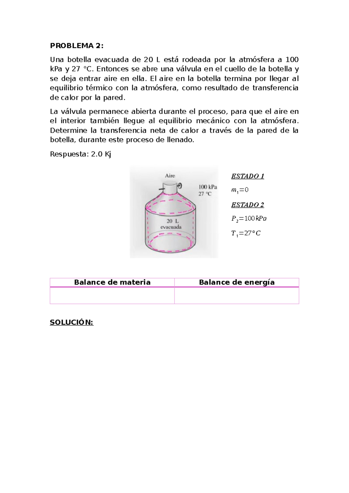 Problema 1 trmo - TAREA - PROBLEMA 2: Una botella evacuada de 20 L está ...