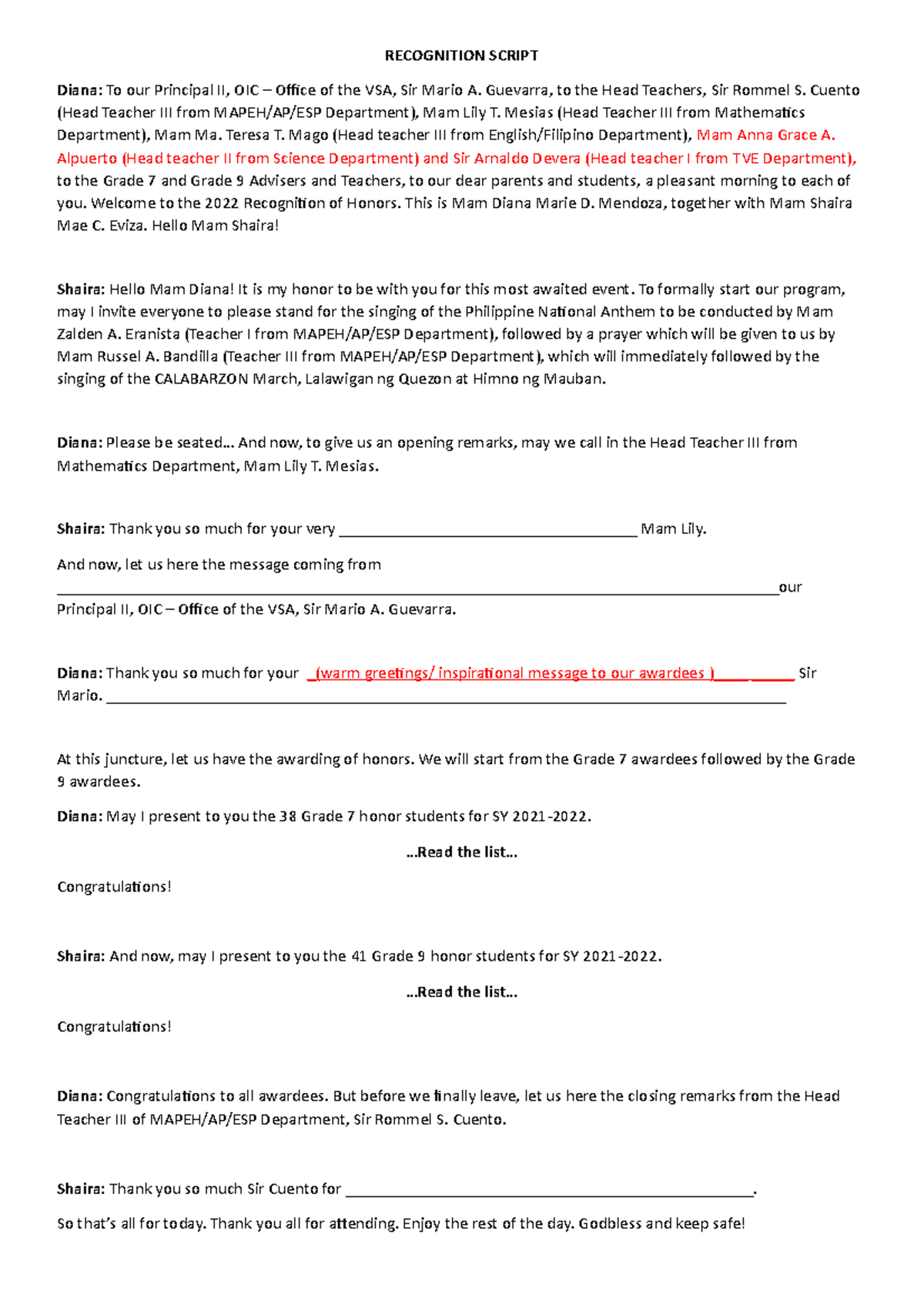 Recognition Script - IT WILL HELP - RECOGNITION SCRIPT Diana: To our ...