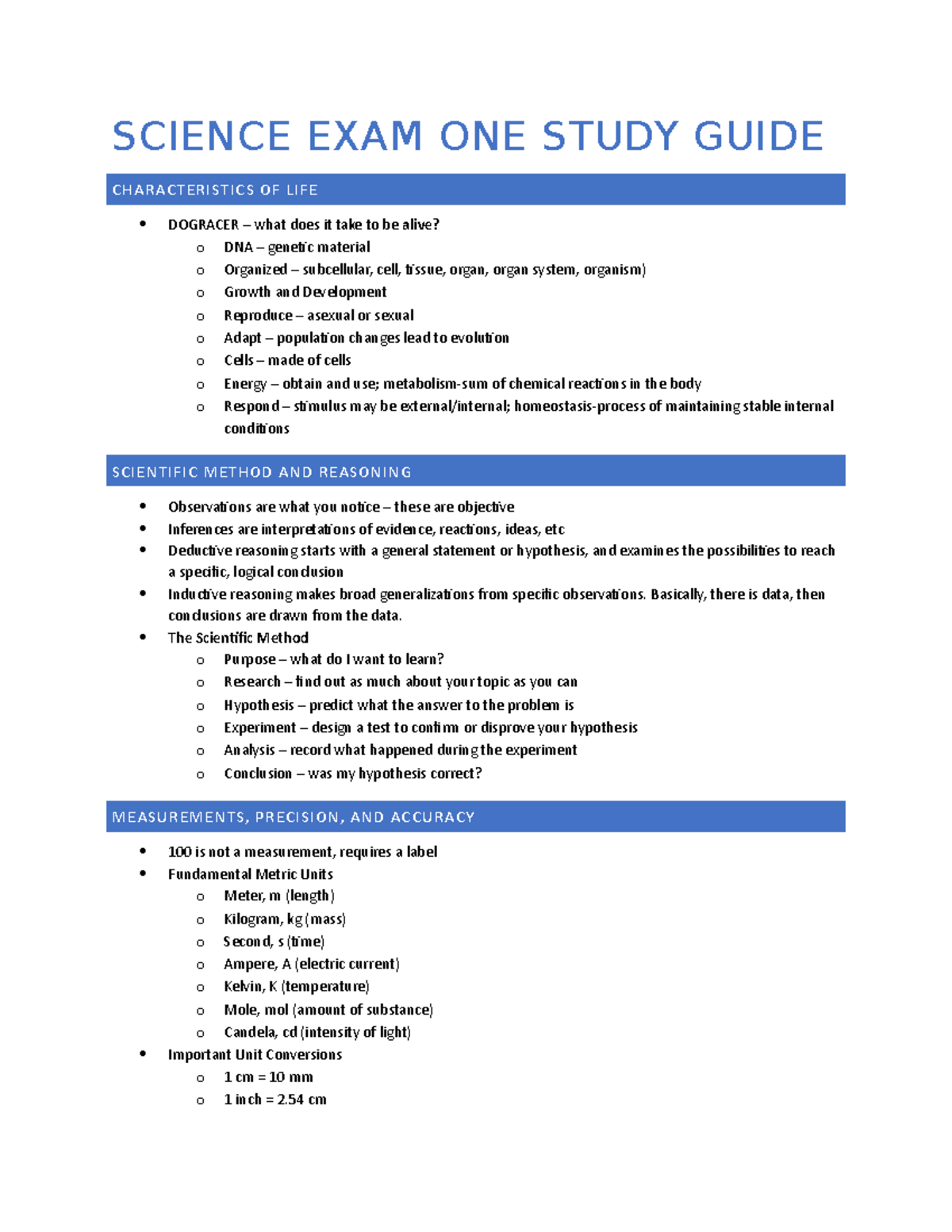 Science Exam Review - Lecture notes 1-13 - SCIENCE EXAM ONE STUDY GUIDE ...