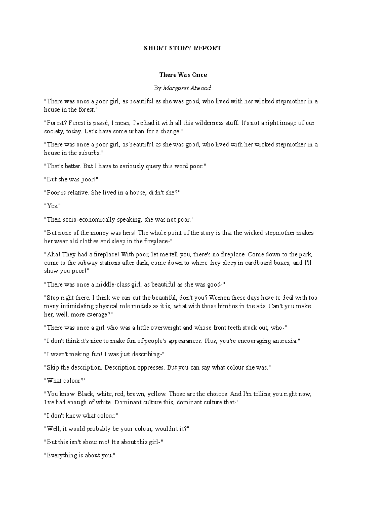 There Was Once - Short Story Report - SHORT STORY REPORT There Was Once ...