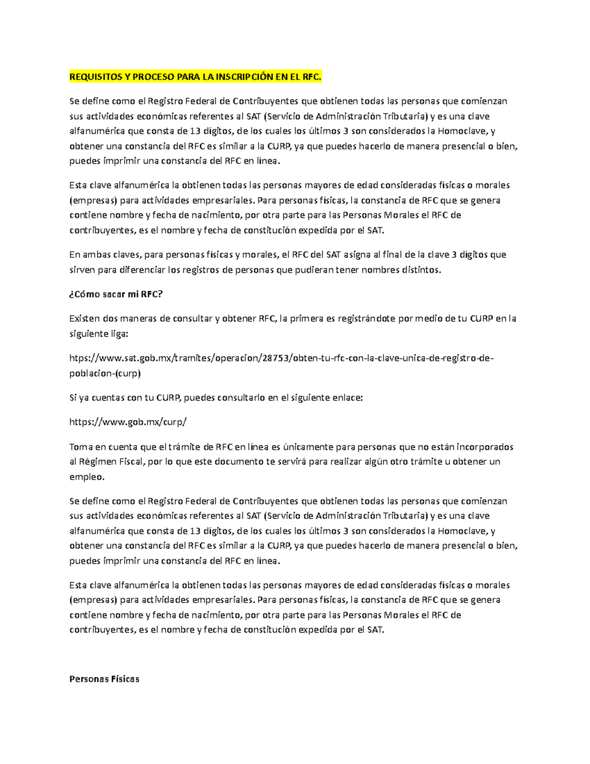 Actividad 1 - REQUISITOS Y PROCESO PARA LA INSCRIPCIÓN EN EL RFC. Se ...