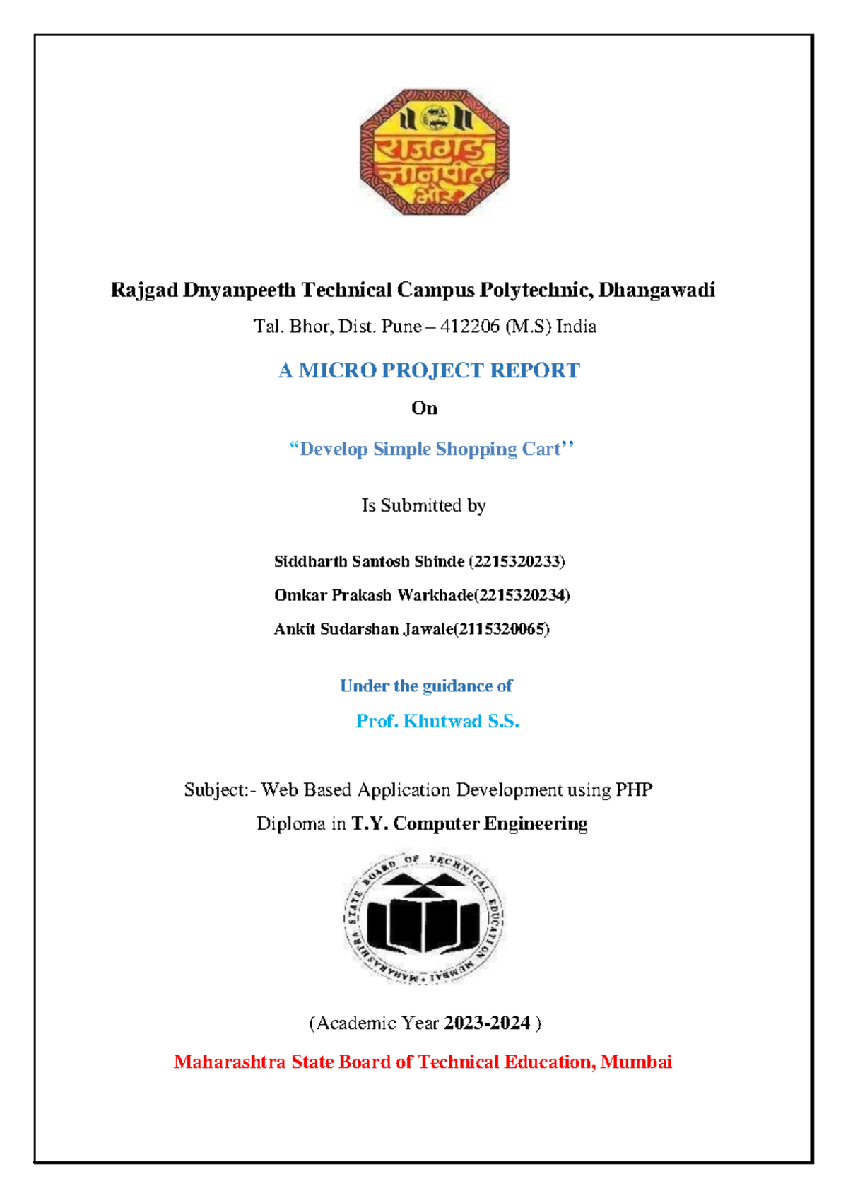 PHP micro project sid - Rajgad Dnyanpeeth Technical Campus Polytechnic, Dhangawadi Tal. Bhor ...