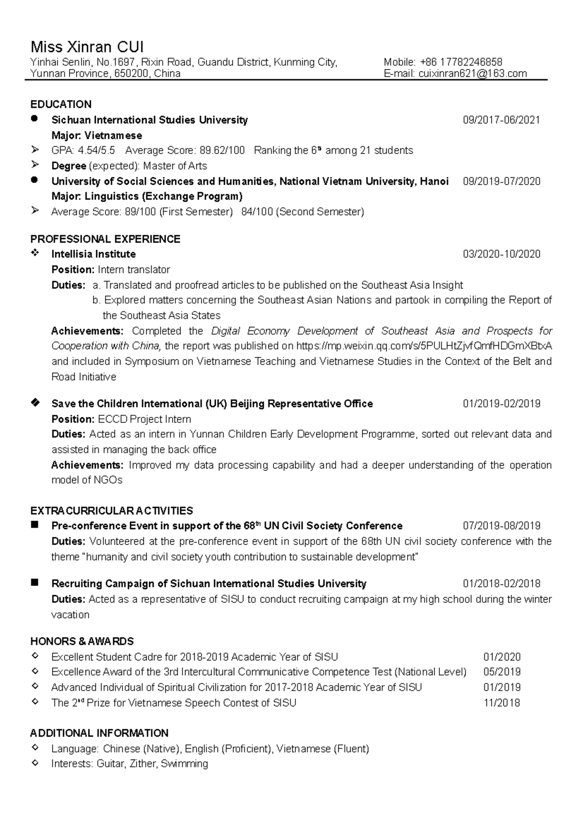 CV - nice - Miss Xinran CUI Yinhai Senlin, No, Rixin Road, Guandu ...