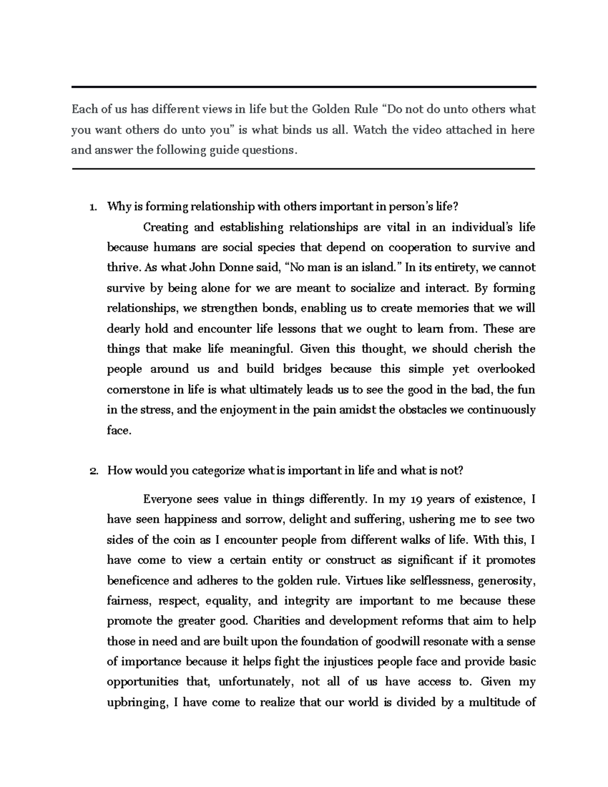 STS Lesson 4 Activity - Each of us has different views in life but the ...