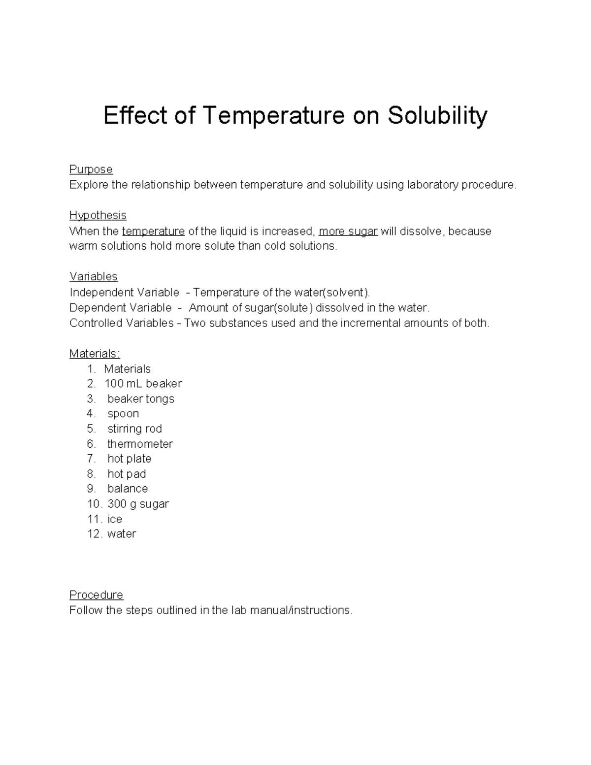 Solubility Lab Report - Lab reoport - Effect of Temperature on ...