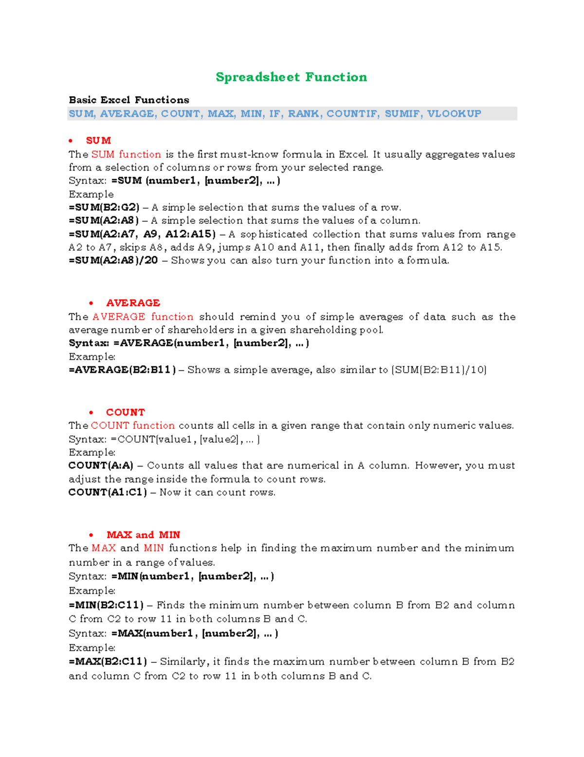 Spreadsheet Function - Basic Computer Applications in Business - Spreadsheet Function Basic ...