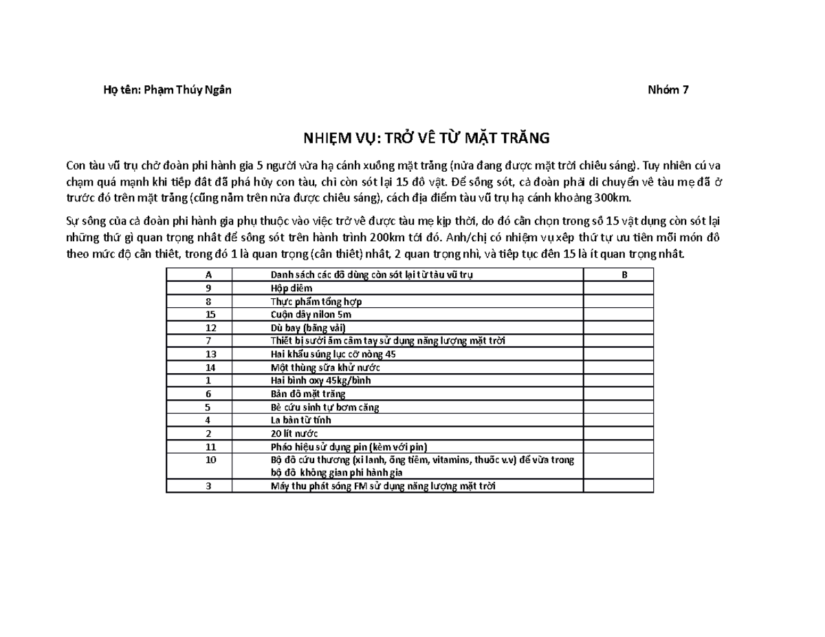 Phạm Thúy Ngân Nhóm 7 - H tên: Ph m Thúy Ngânọạ Nhóm 7 NHI M V : TR VỀỀ T M T TRĂNGỆỤỞỪẶ Con tàu ...