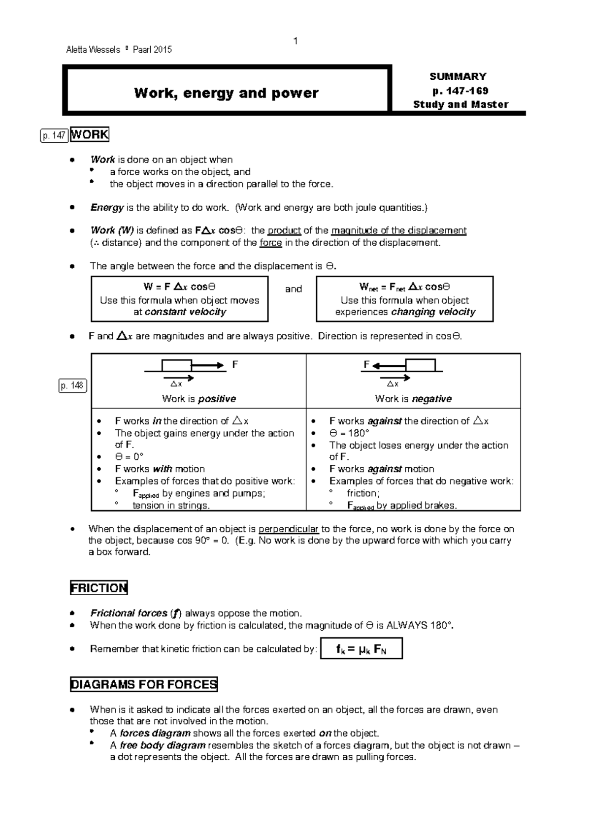 Work, energy, power - Chem notes - Work, energy and power SUMMARY p ...