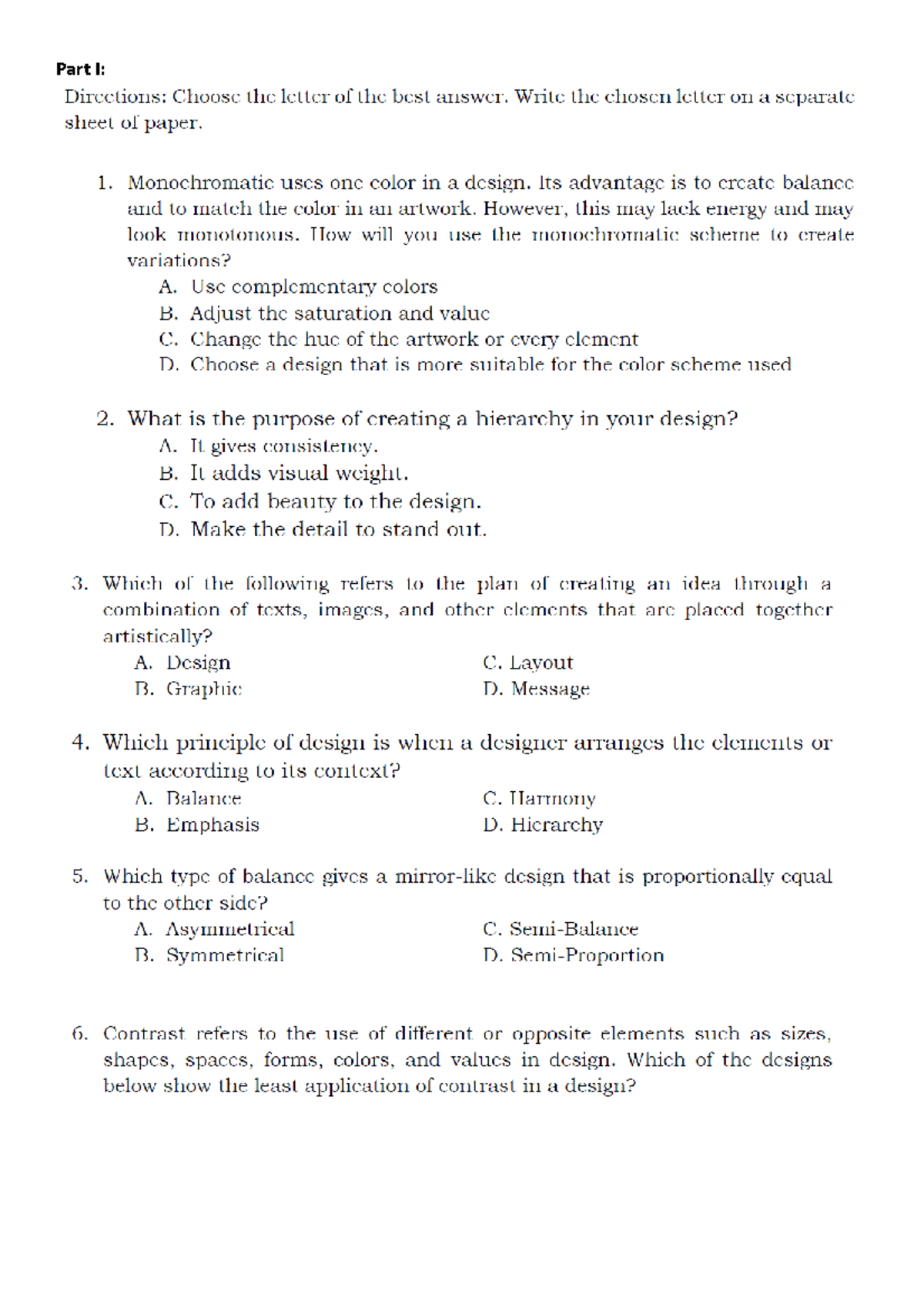 Principle of Design Activity Sheet - Part I: Directions: Choose the ...