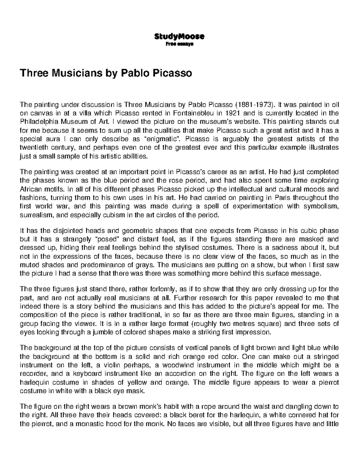 Three Musicians by Pablo Picasso - It was painted in oil on canvas in ...