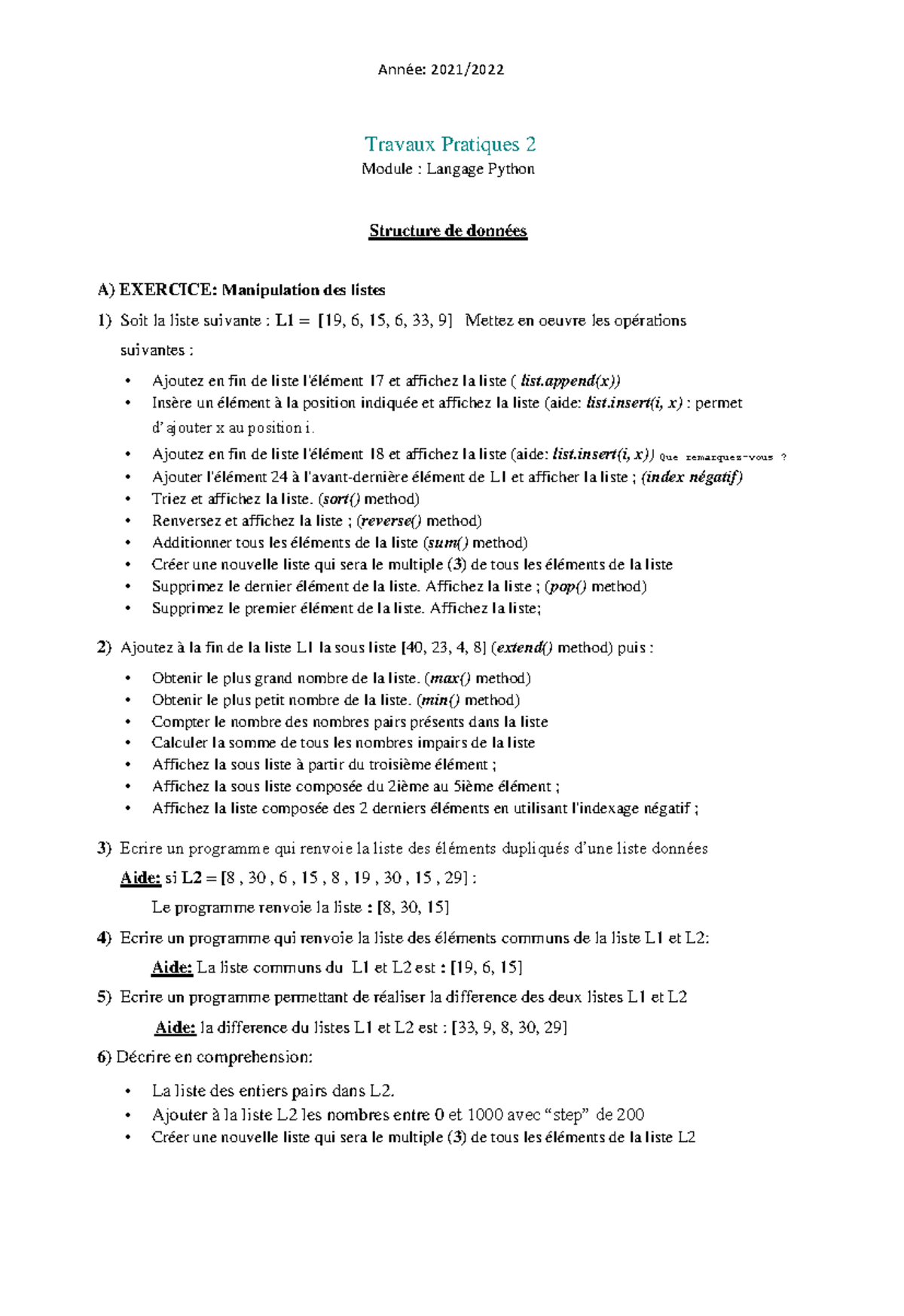 Controle python - Année: 2021/ Travaux Pratiques 2 Module : Langage ...