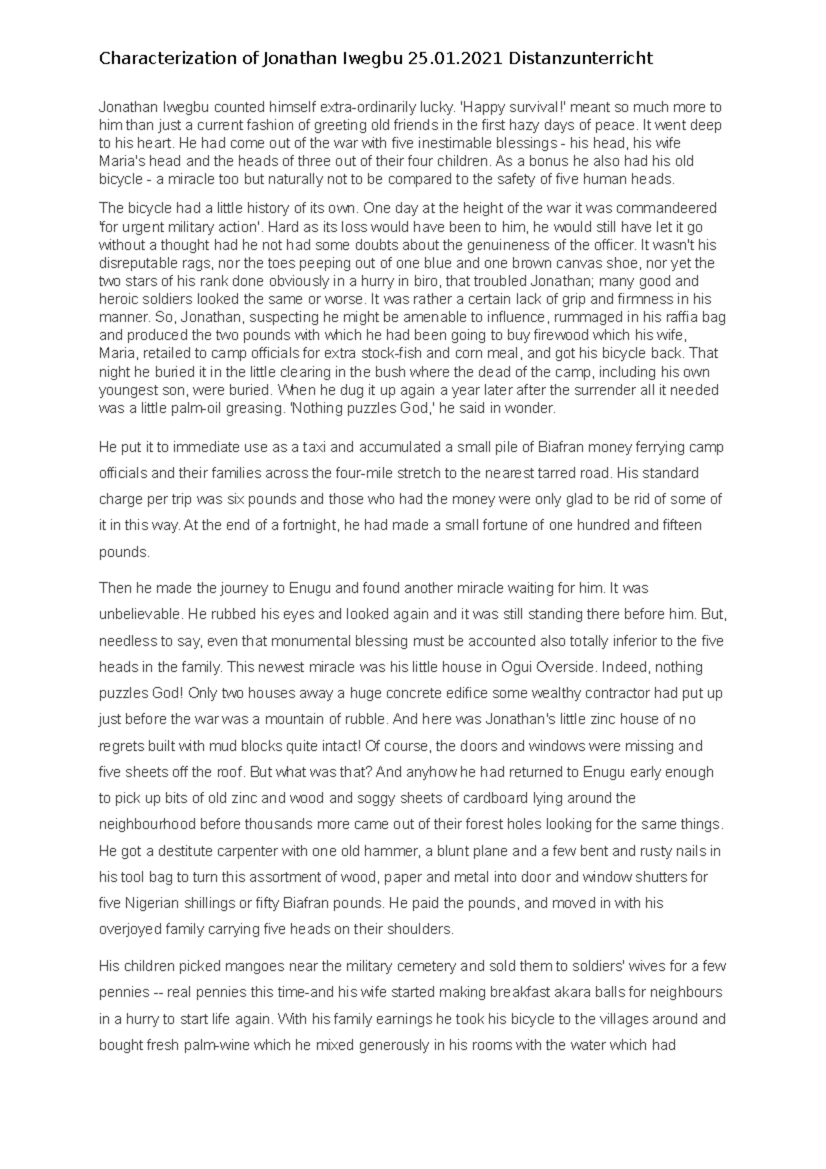 Characterisation of Jonathan Iwegbu - Englisch - PWG - Studocu