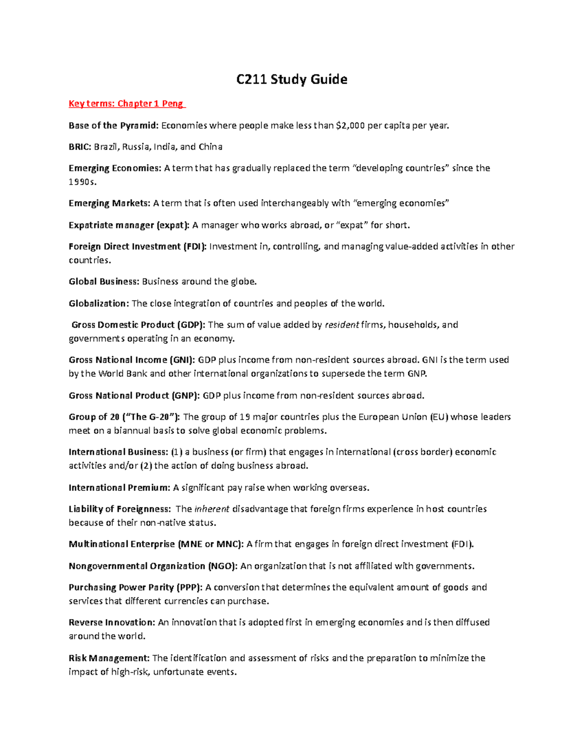 C211 Study Guide - C211 Study Guide Key terms: Chapter 1 Peng Base of ...