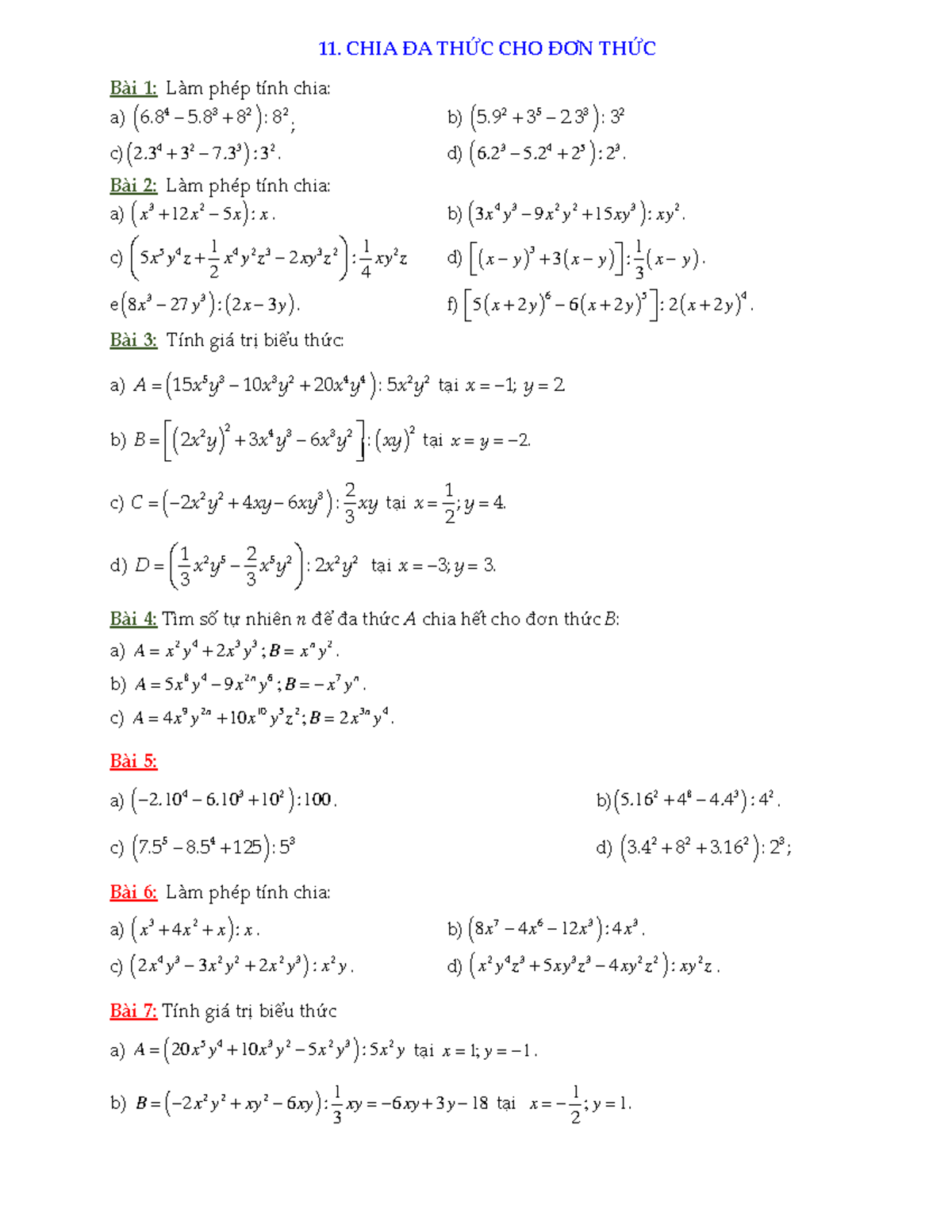 CHIA DA THUC CHO DON THUC - 11. CHIA ĐA THỨC CHO ĐƠN THỨC B‡i 1: L‡m ...