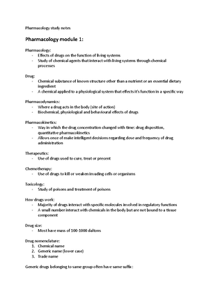 Modules 1 to 8 Dot Point Notes for Pharmacology 1 - 1 Introduction to ...