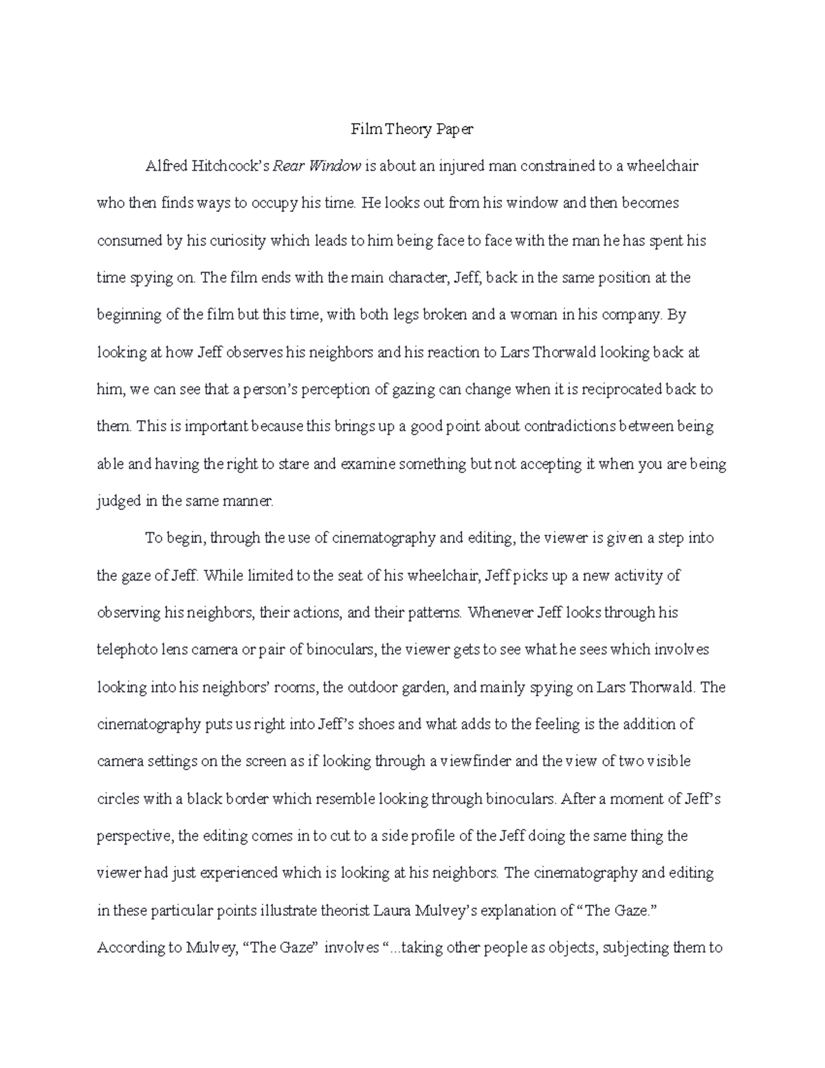 FILM105 Film Theory Paper - Film Theory Paper Alfred Hitchcock’s Rear ...