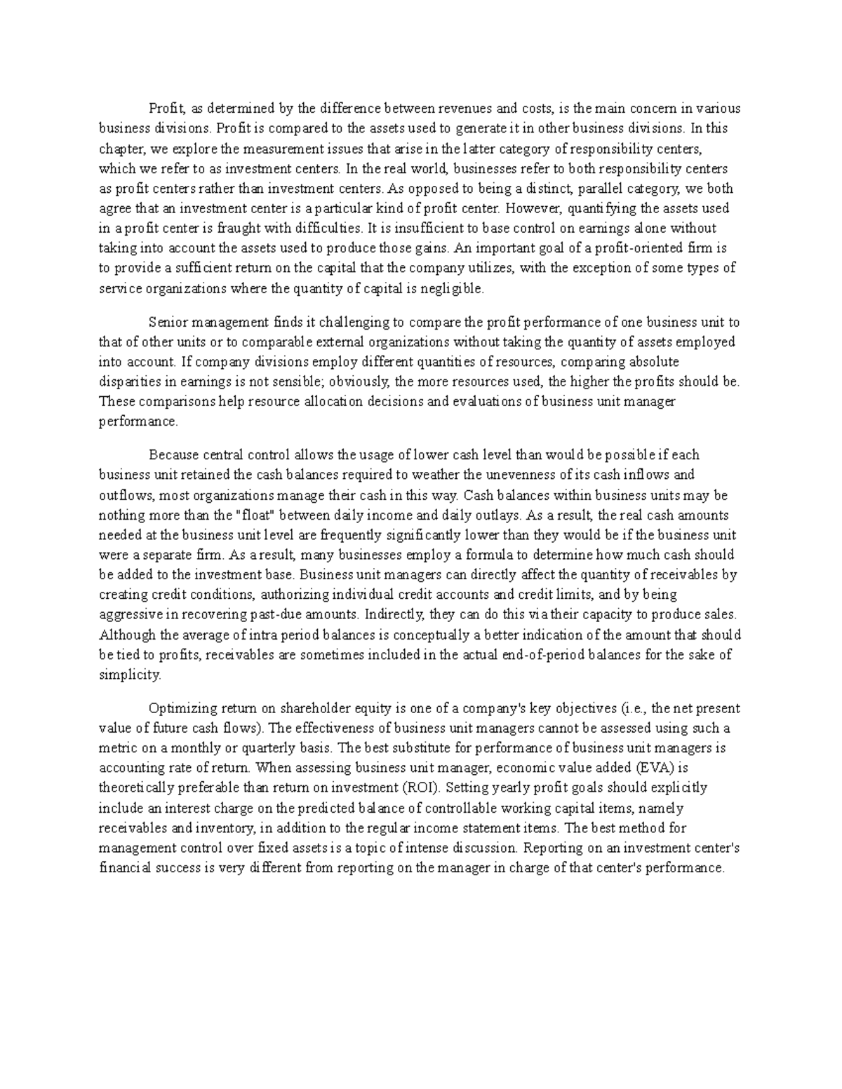 Week 10 - Essay - management control system 10 - Profit, as determined ...