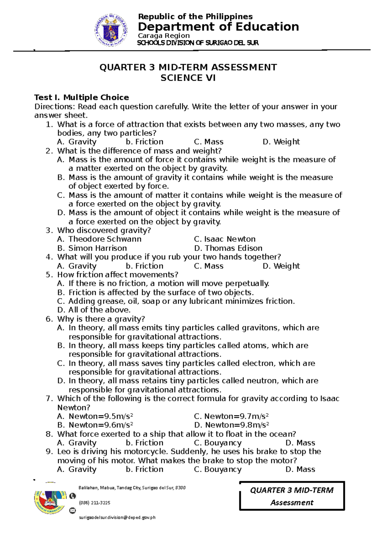 Science - MIDTERM ASSESSMENT - Department of Education Caraga Region ...