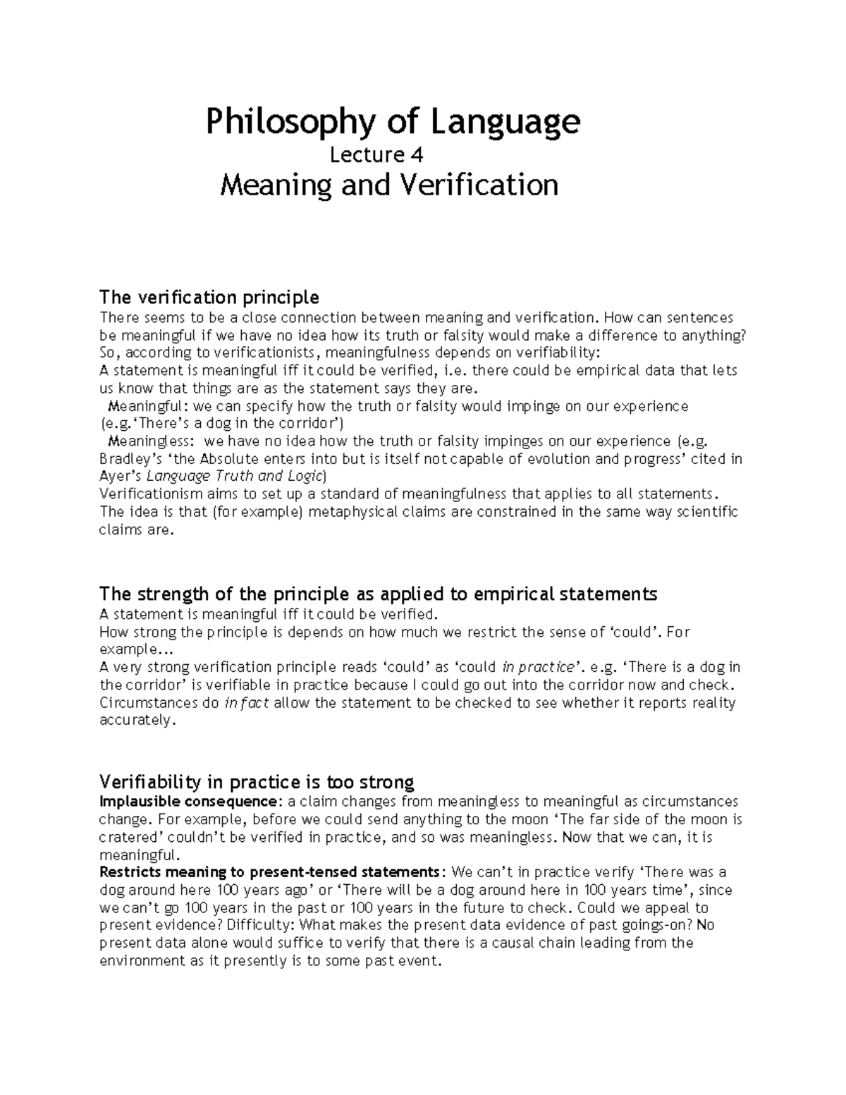 Lecture 4 Meaning and Verification - Philosophy of Language Lecture 4 ...