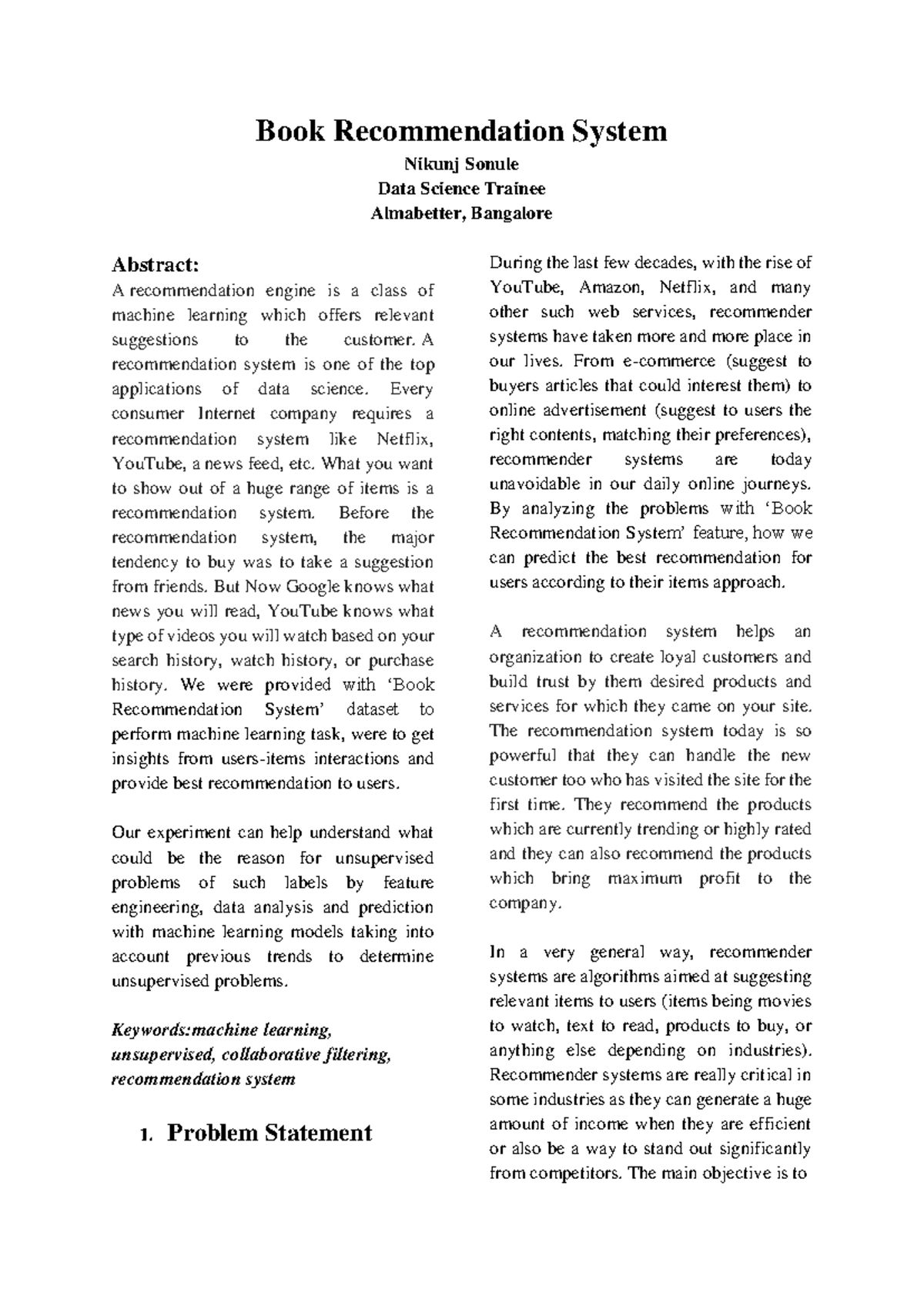 Technical Documentation - Book Recommendation System Nikunj Sonule Data Science Trainee ...