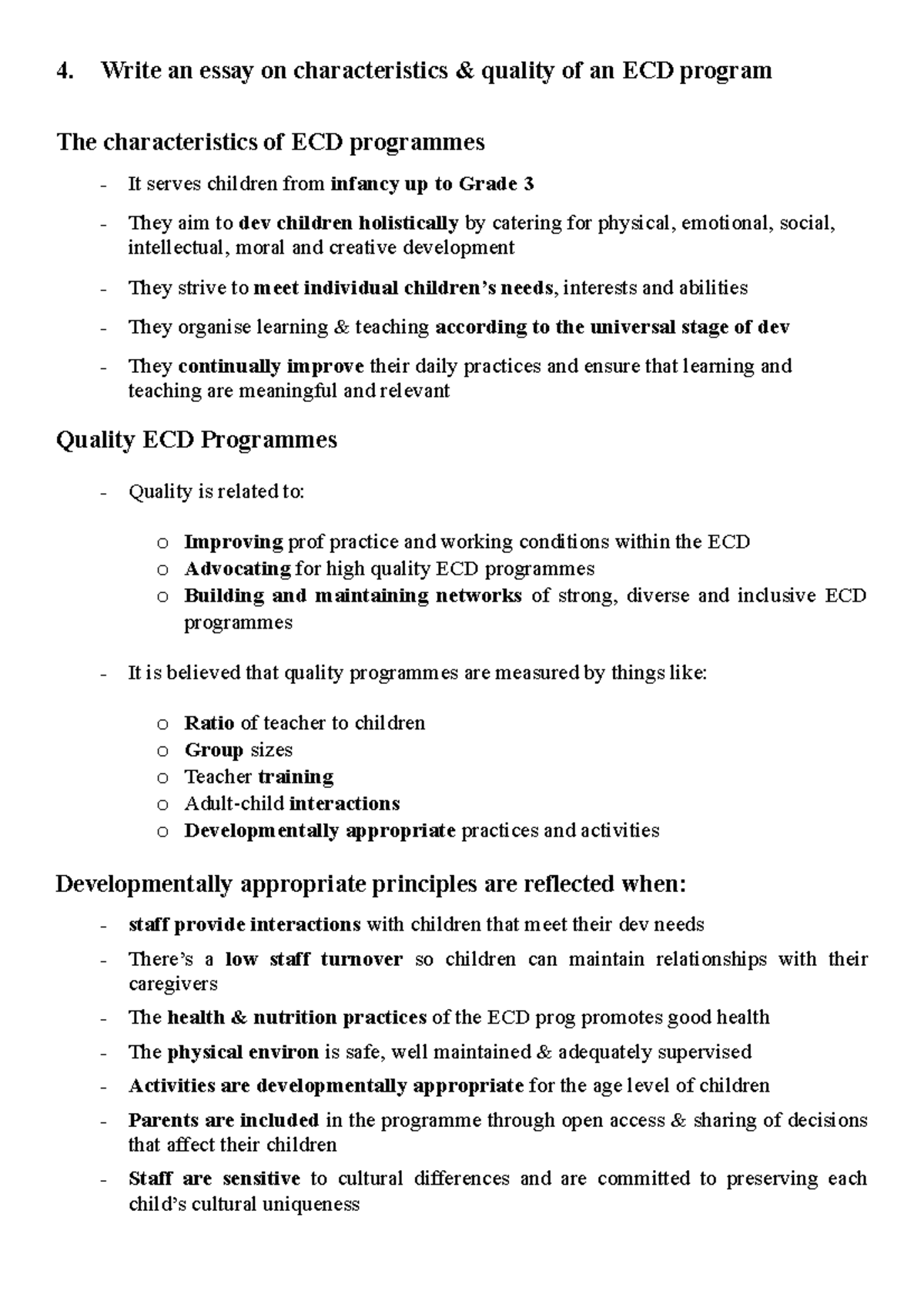 Characteristics and quality of ecd - 4. Write an essay on ...