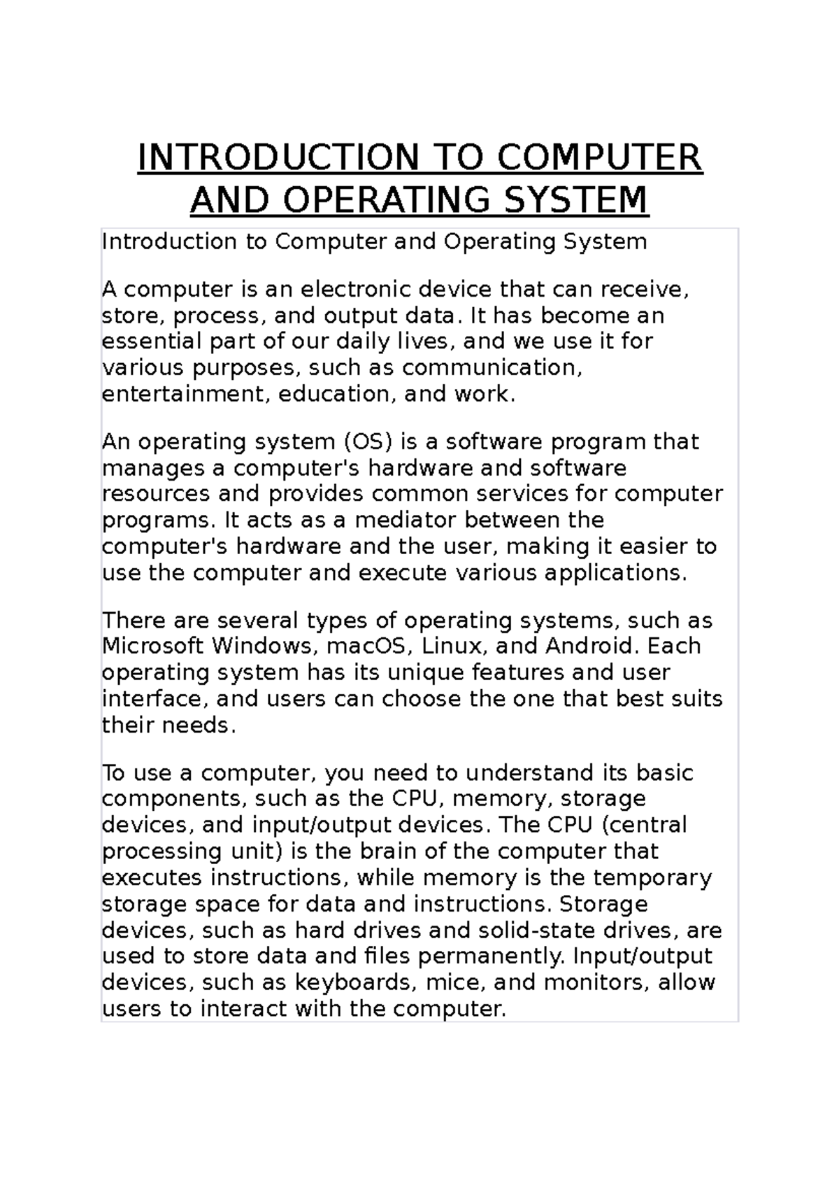 Introduction To Computer And Operating System Introduction To Computer And Operating System