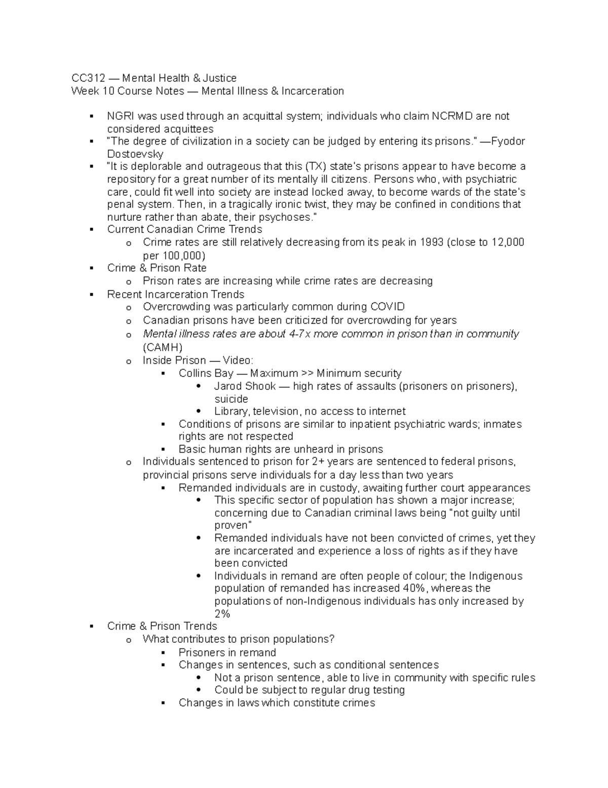Week 10 Course Notes - CC312 — Mental Health & Justice Week 10 Course ...