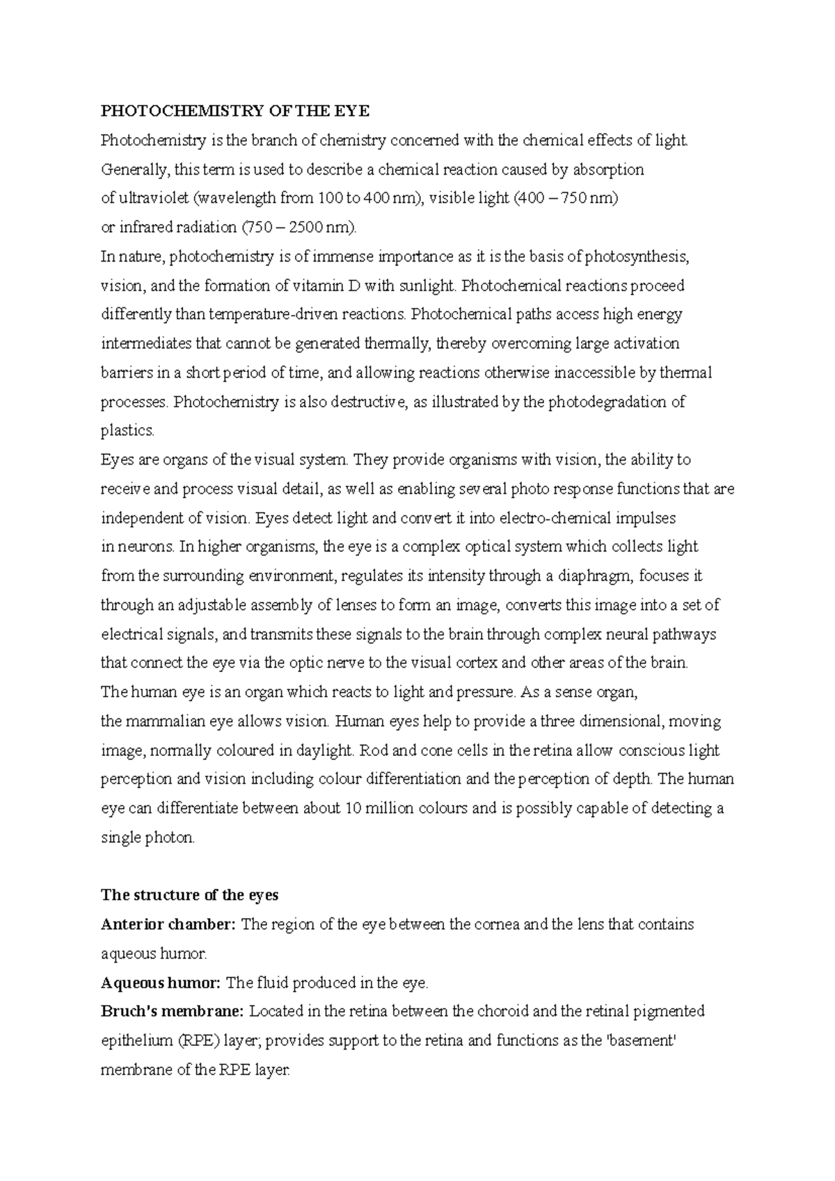 Photochemistry OF THE EYE bch 321 assign - PHOTOCHEMISTRY OF THE EYE ...