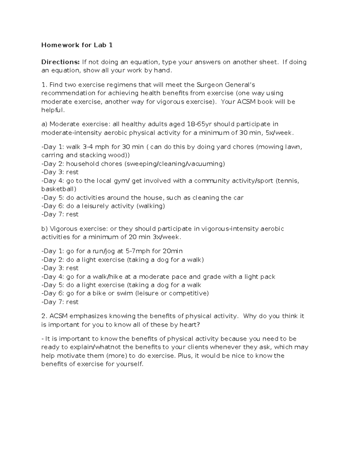 L1 Homework 2024 - lAB 1 - Homework for Lab 1 Directions: If not doing an equation, type your ...