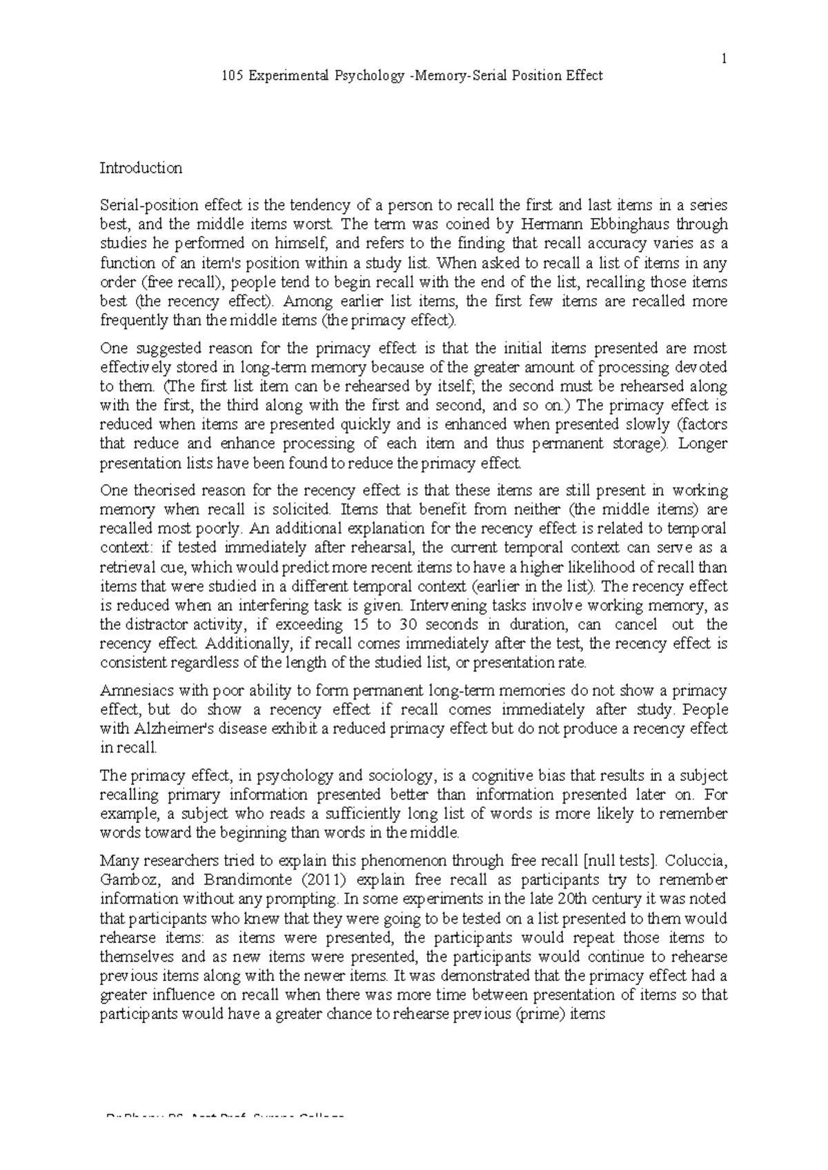 Serial position effect full-1 - 105 Experimental Psychology -Memory ...