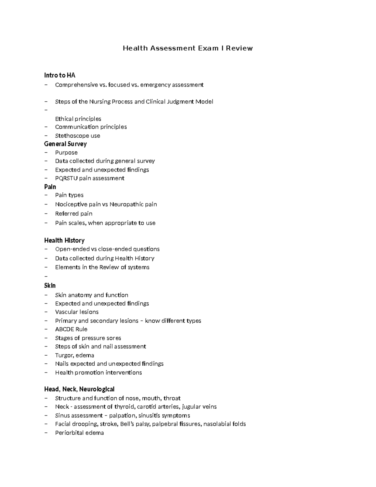 Exam 1 review/blueprint - Health Assessment Exam I Review Intro to HA ...