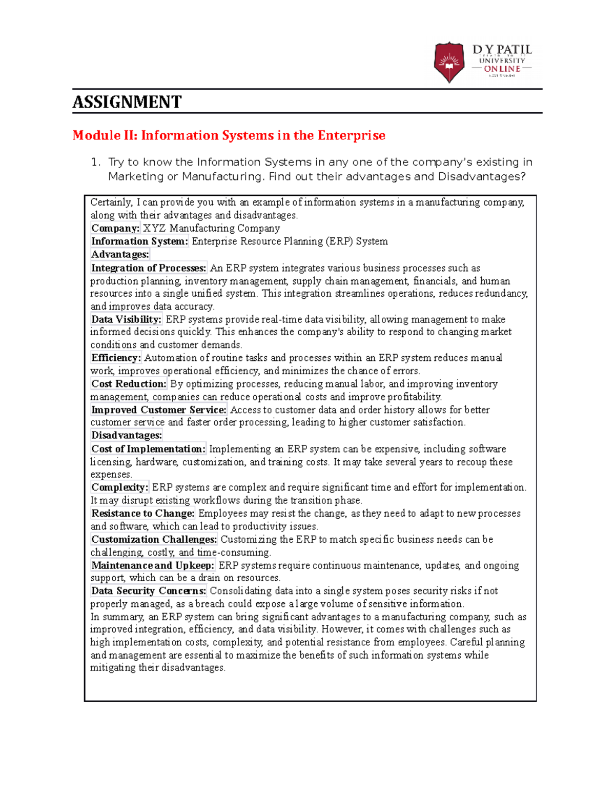MIS-Module 2 - assingment - ASSIGNMENT Module II: Information Systems ...