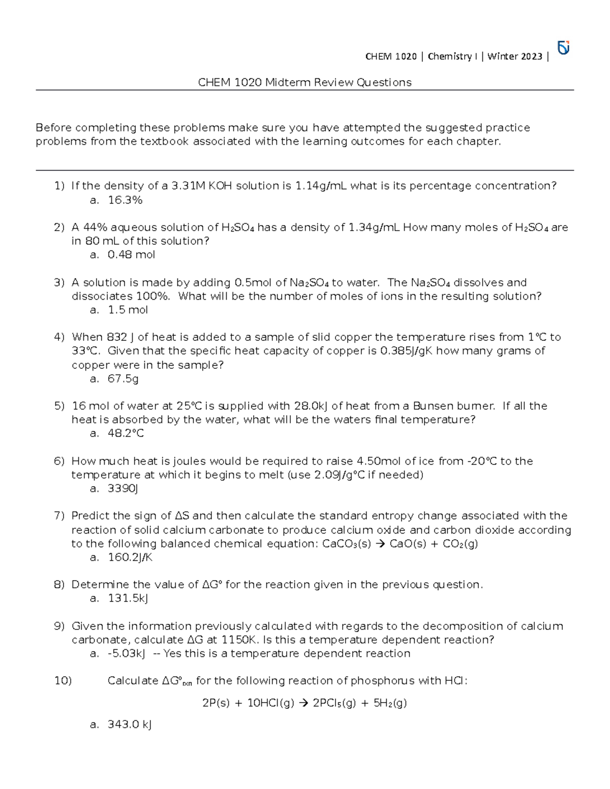 Midterm Review Worksheet - CHEM 1020 | Chemistry I | Winter 2023 | CHEM ...