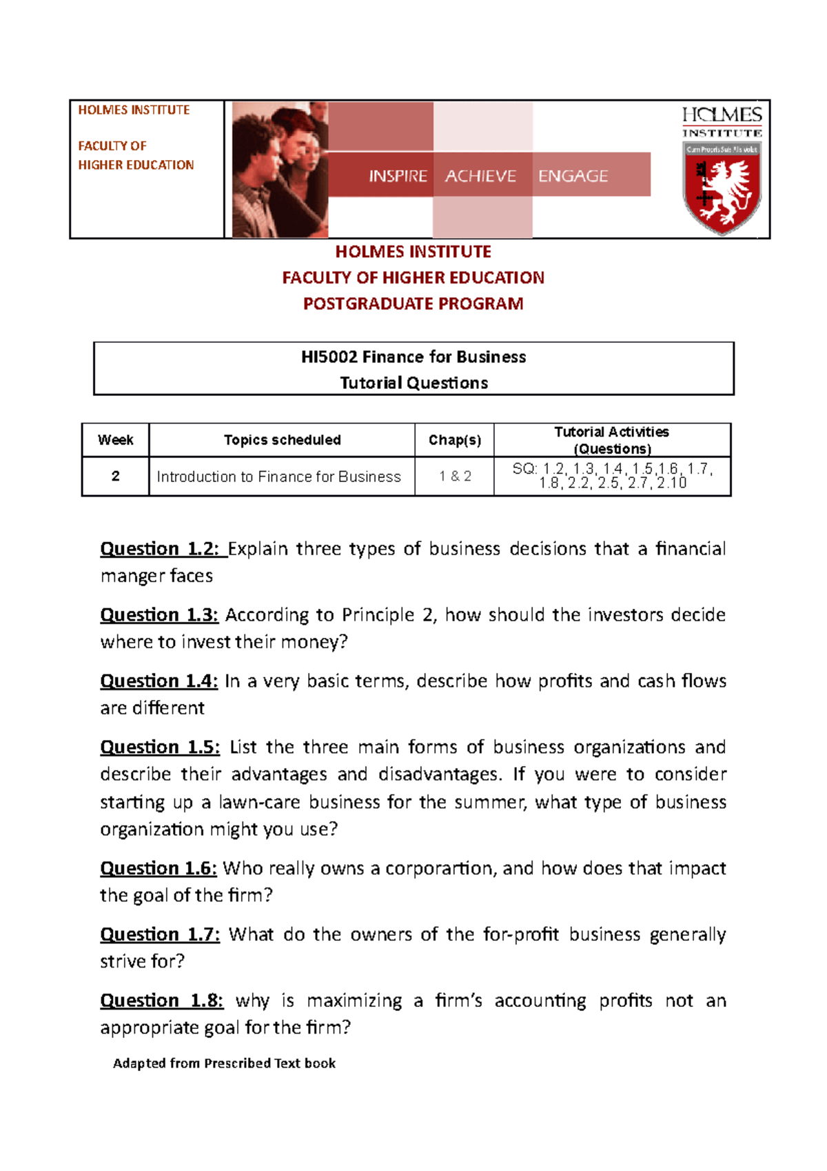 HI5002 Tutorial 1 Questions - HOLMES INSTITUTE FACULTY OF HIGHER EDUCATION HOLMES INSTITUTE ...