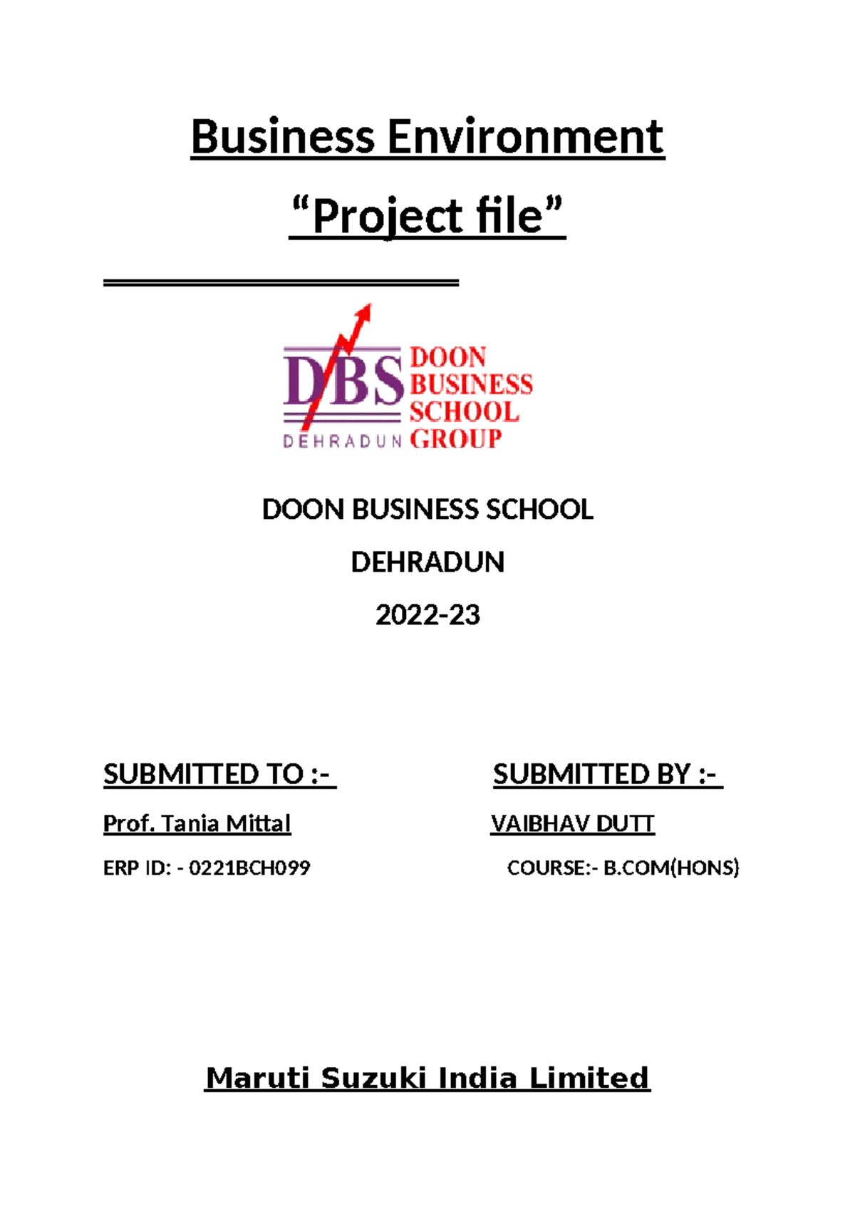 Business Environment - Business Environment “Project file” DOON ...