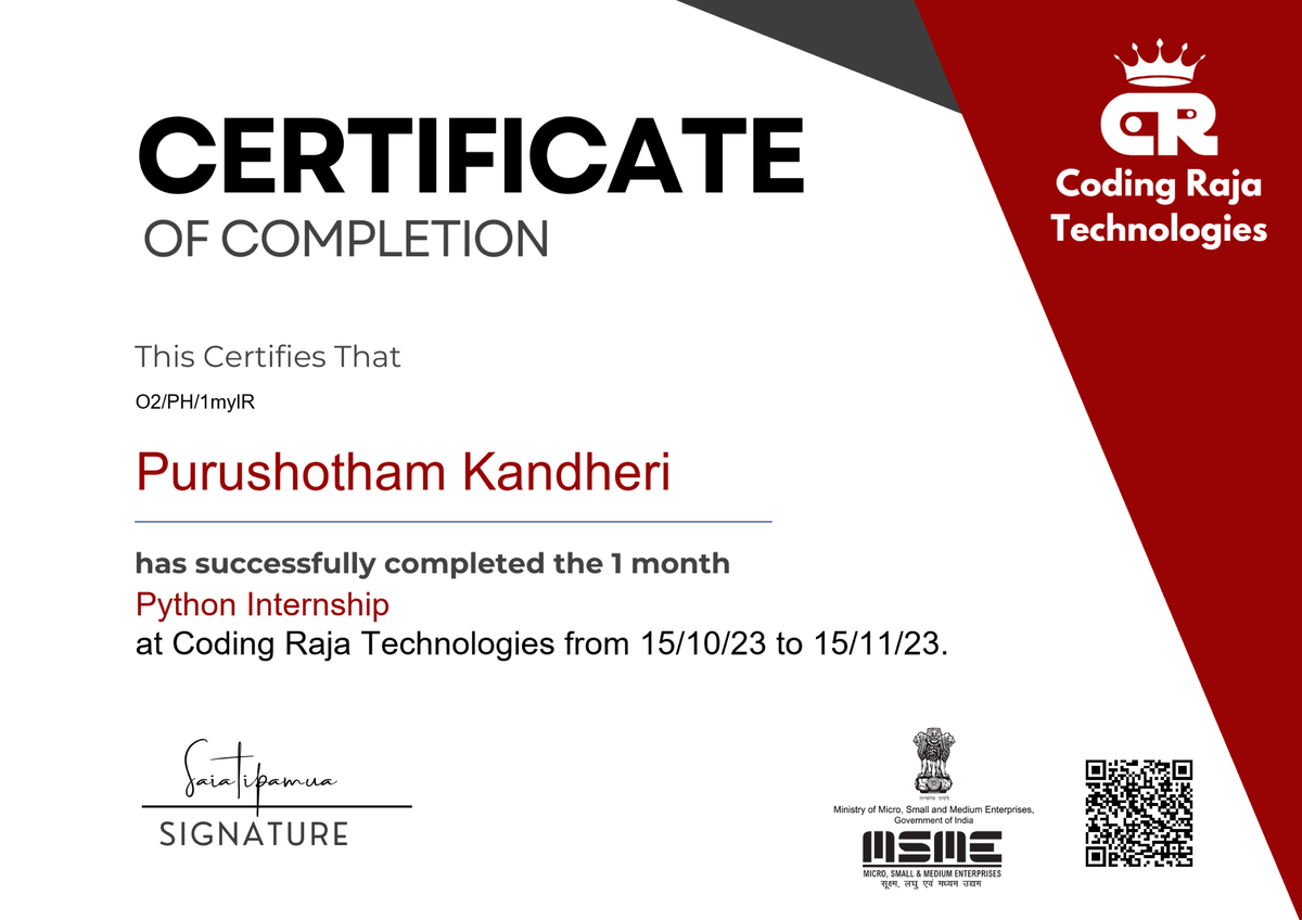 Coding Raja Python Internship Purushotham Kandheri certificate - oops through c++ - Studocu