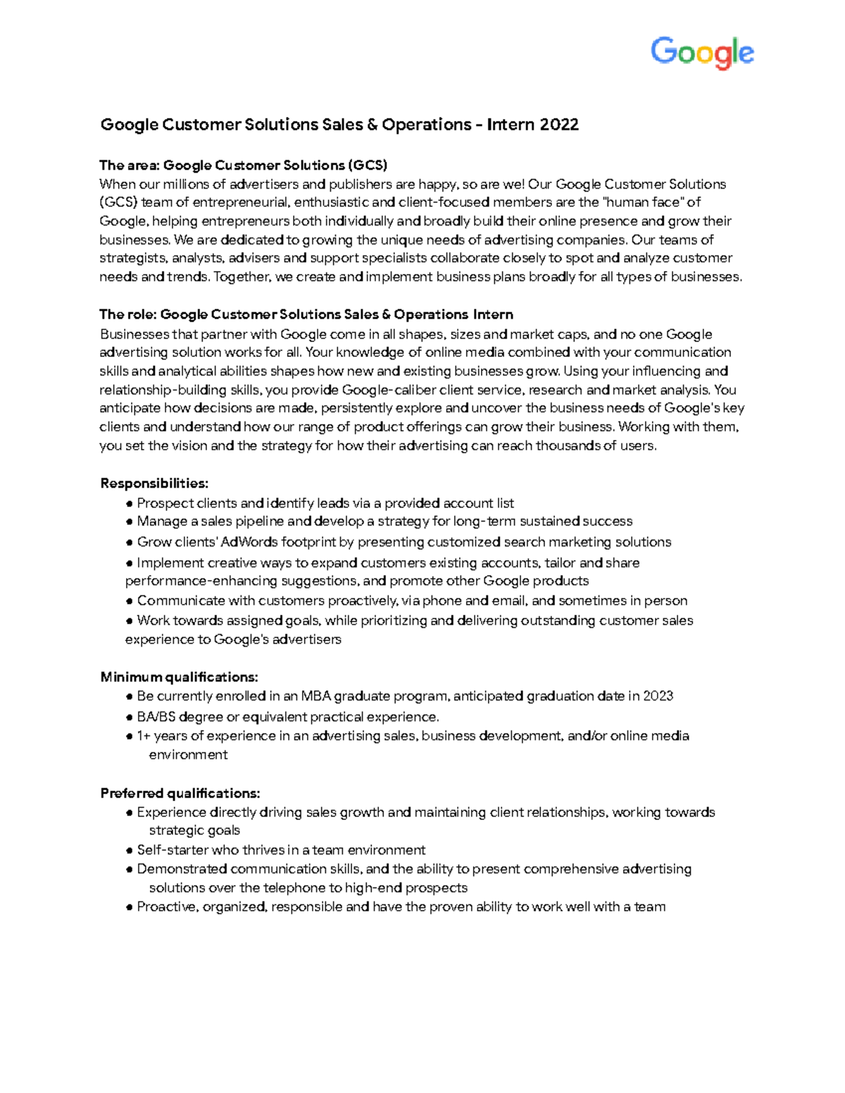 Google Customer Solutions Sales & Operations -India Intern 2022 ...