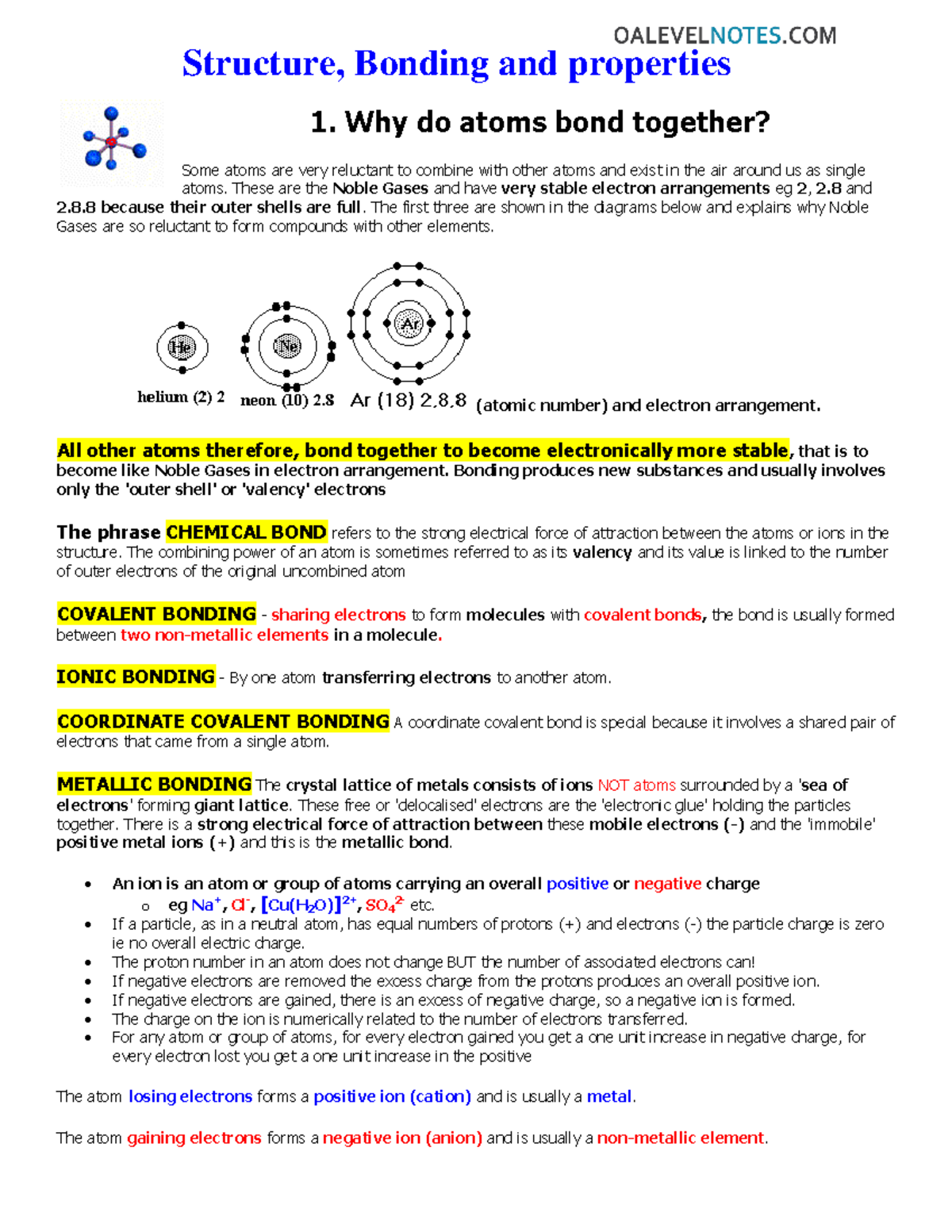 O level chemistry bonding notes - Structure, Bonding and properties 1 ...