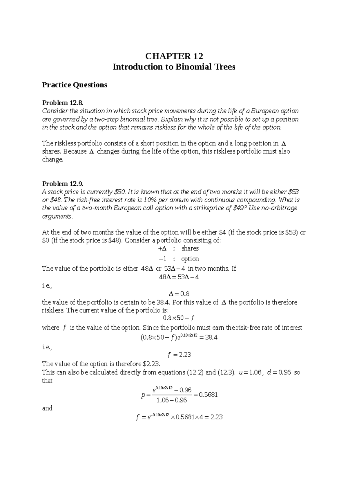 Doc - Practice questions - CHAPTER 12 Introduction to Binomial Trees ...