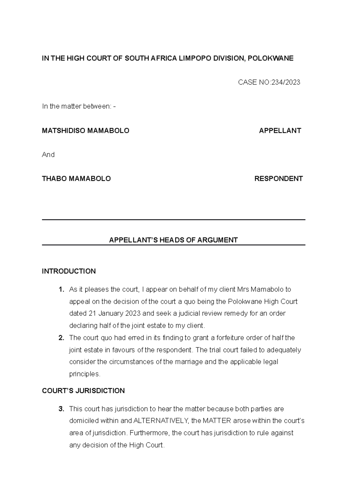 Appellant'S HEAD OF Arguments-1 - IN THE HIGH COURT OF SOUTH AFRICA ...