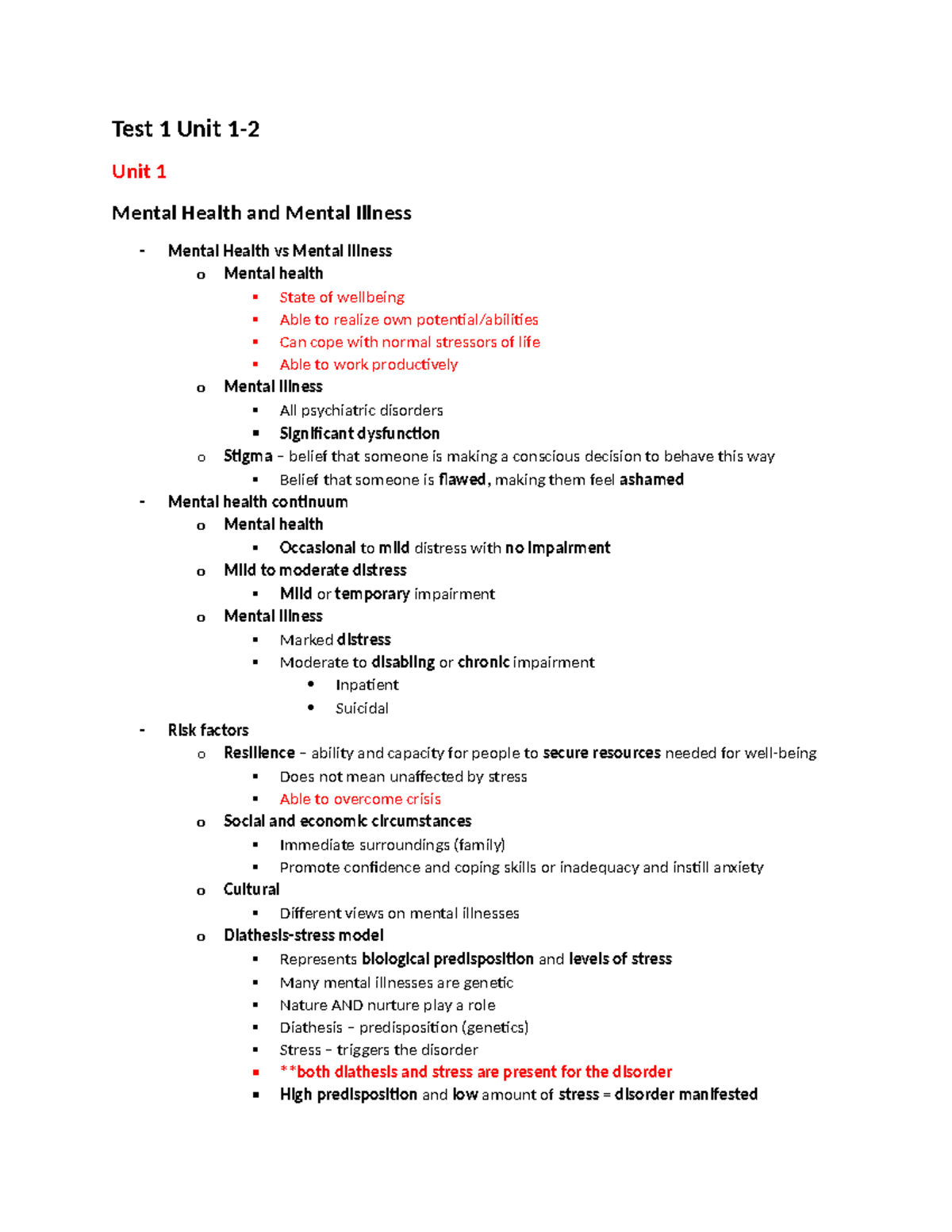 Mental Health Notes - Test 1 Unit 1- Unit 1 Mental Health and Mental ...