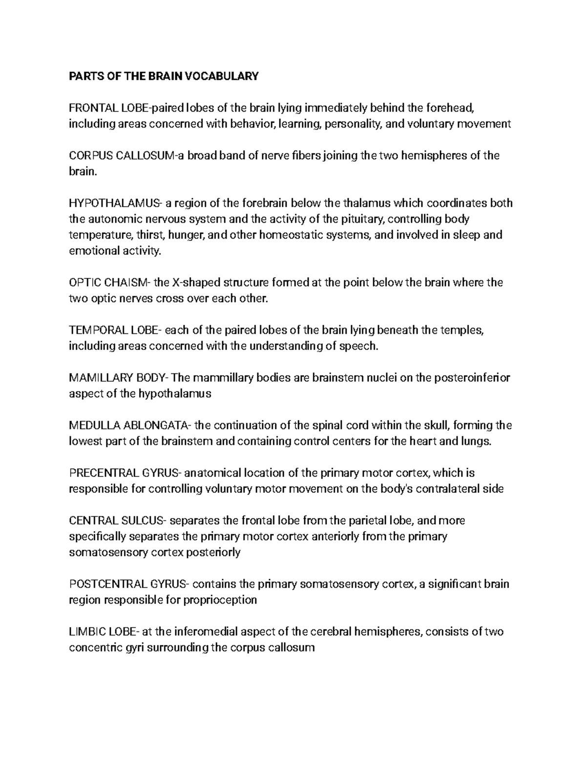 Parts OF THE Brain VOCABULARY - PARTS OF THE BRAIN VOCABULARY FRONTAL ...