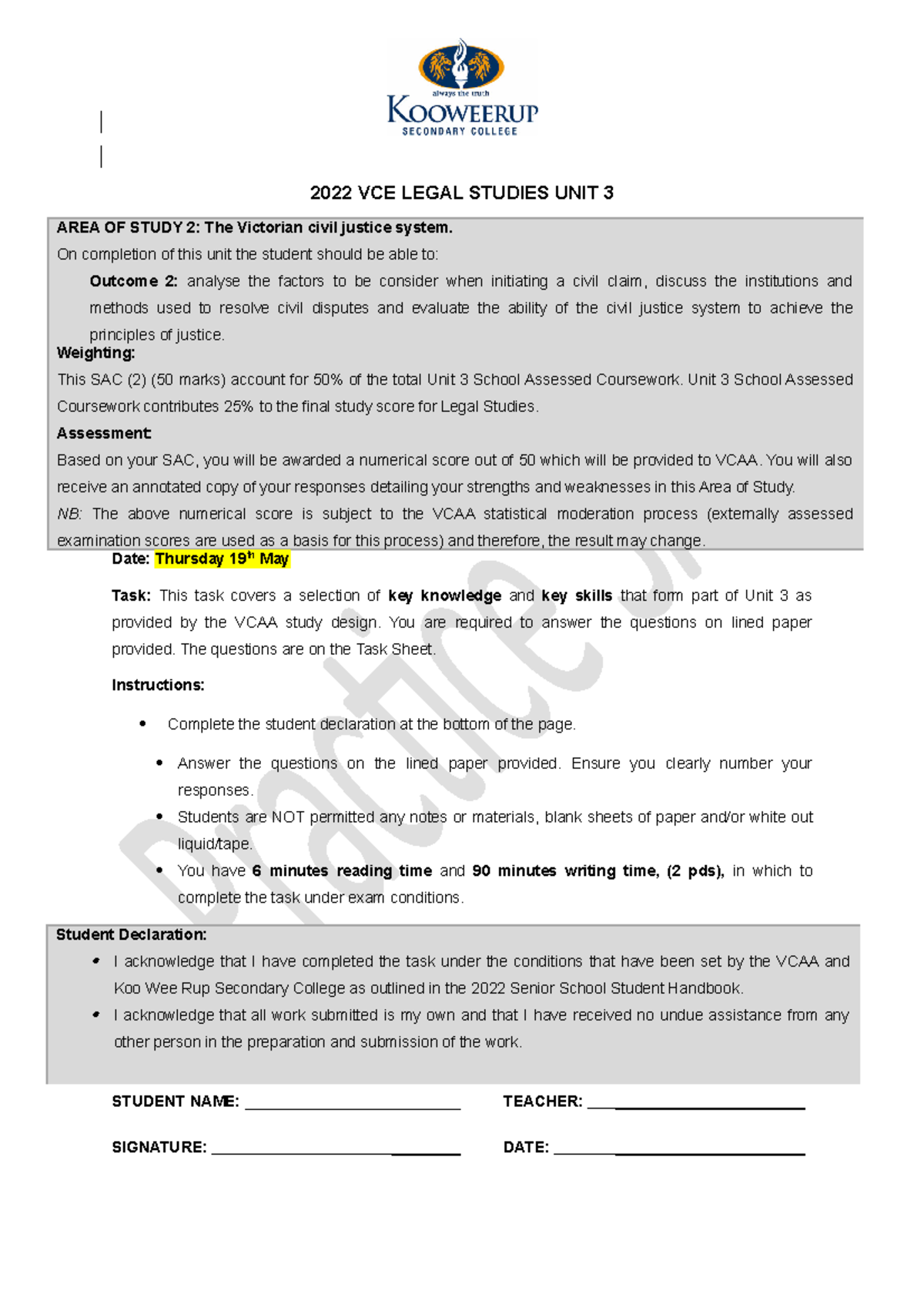 Practice SAC 2022 - 2022 VCE LEGAL STUDIES UNIT 3 AREA OF STUDY 2: The ...
