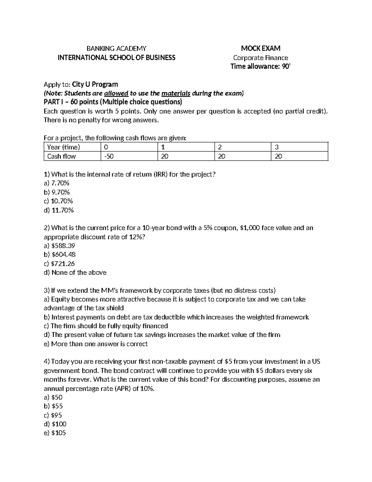 Mock exam City U 10 - Apply to: City U Program (Note: Students are ...