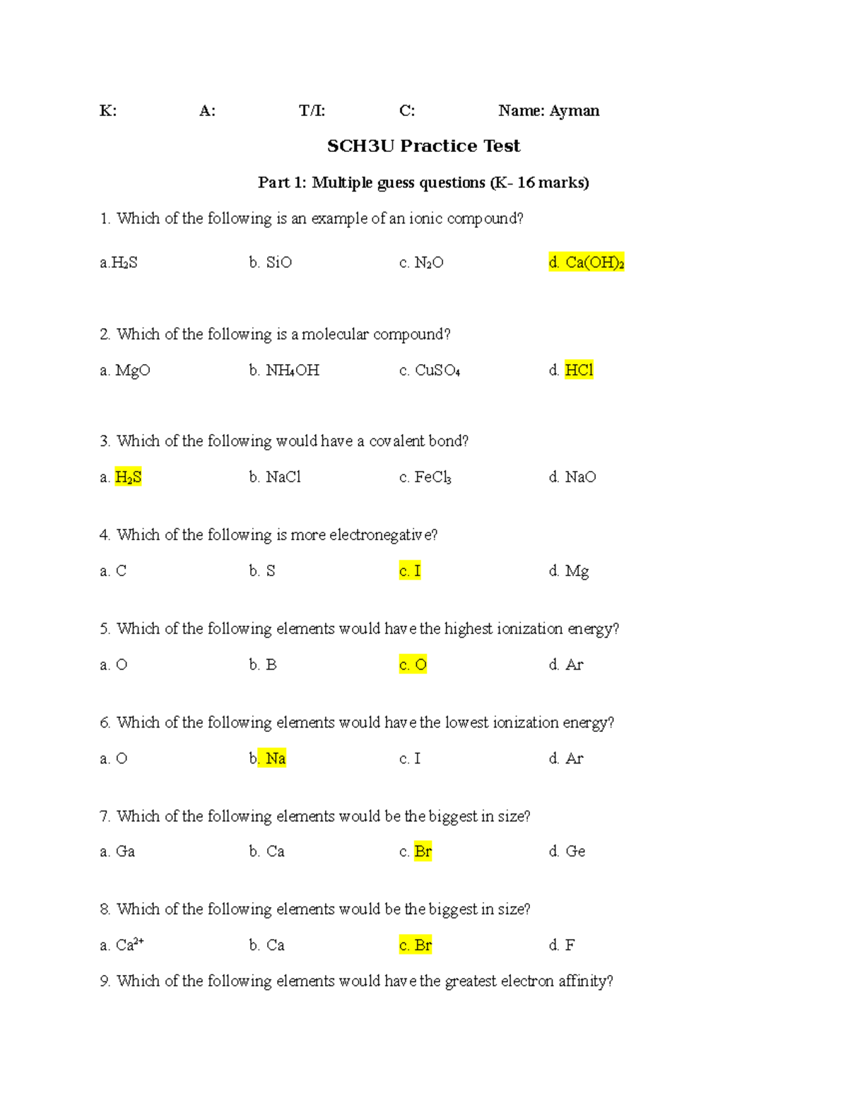 Practice Test Yes K A Ti C Name Ayman Sch3u Practice Test Part 1 Multiple Guess