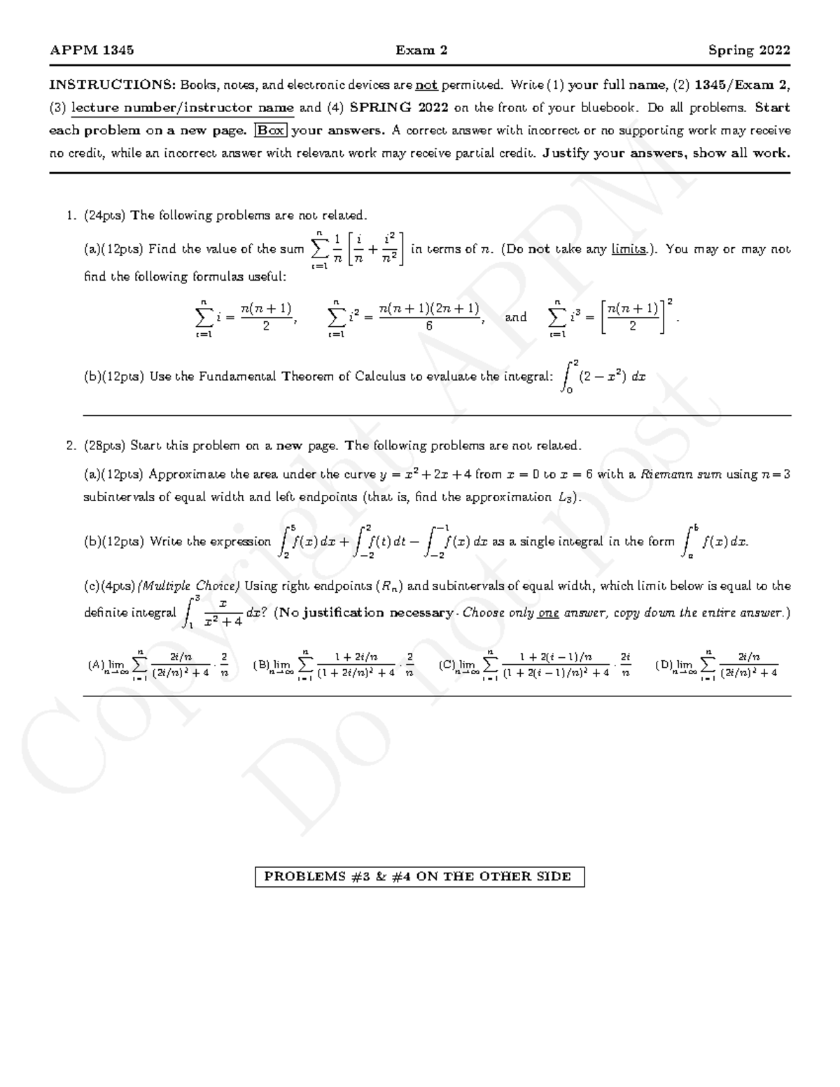 Appm1345Practice Problems 2 - Copyright APPM Do not post APPM 1345 Exam 2 Spring 2022 ...