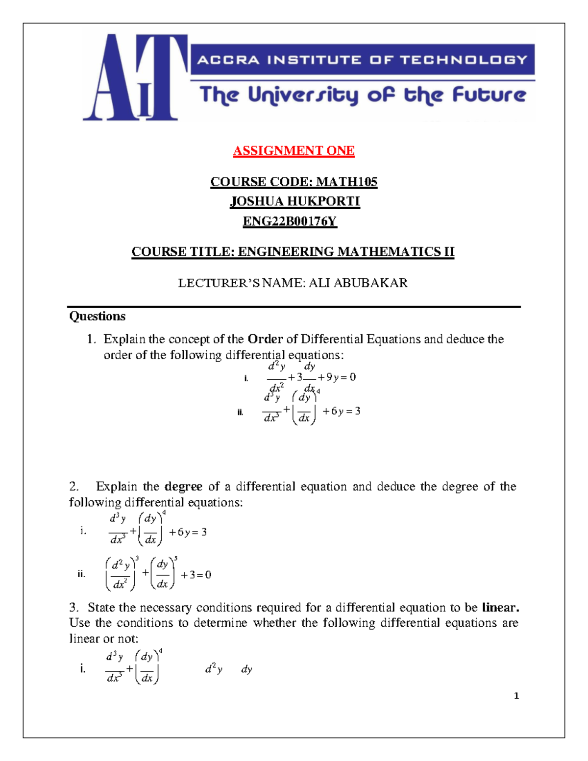 Assignment 1690926691 - dx ASSIGNMENT ONE COURSE CODE: MATH JOSHUA ...