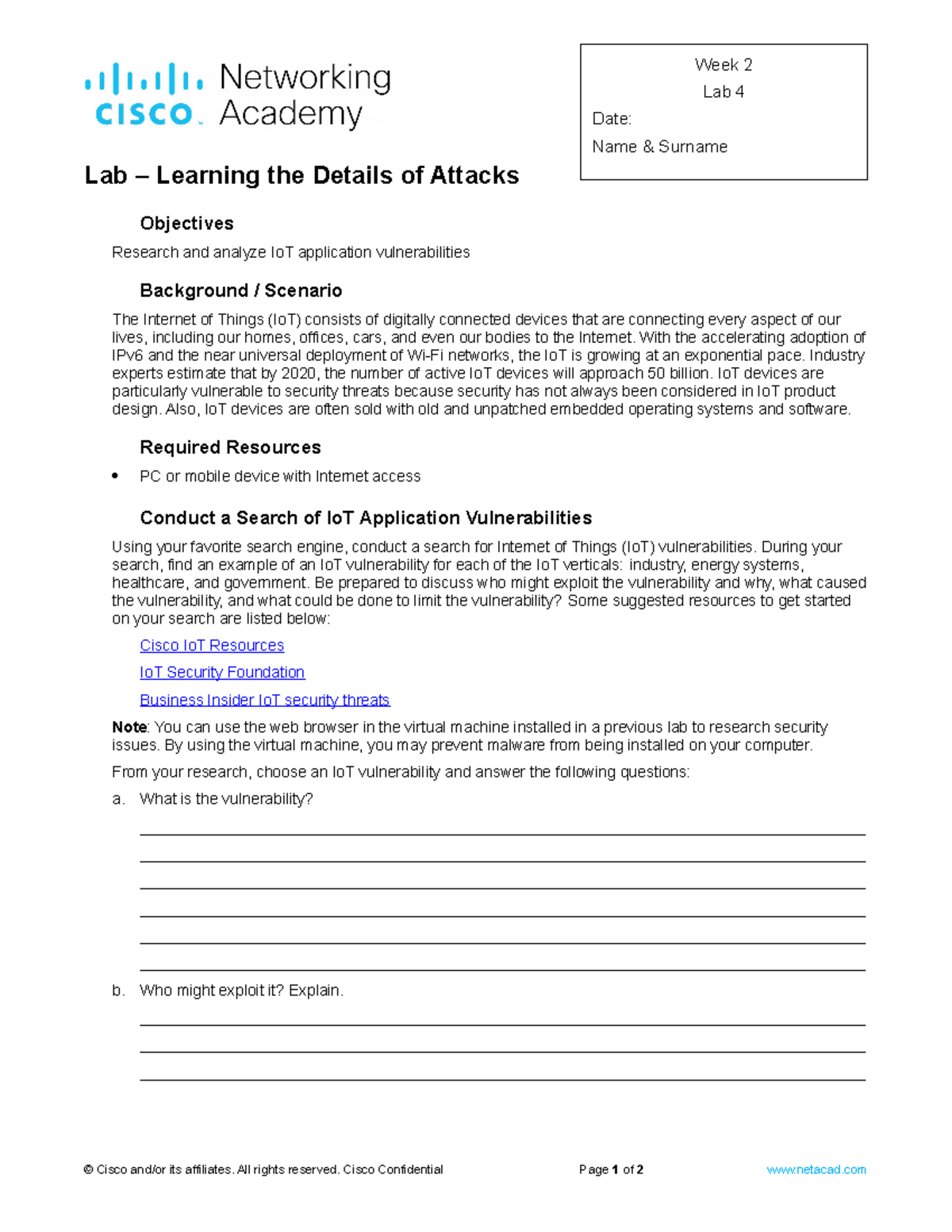 Week2 Lab4 - Learning the Details of Attacks - Lab – Learning the Details of Attacks Objectives ...